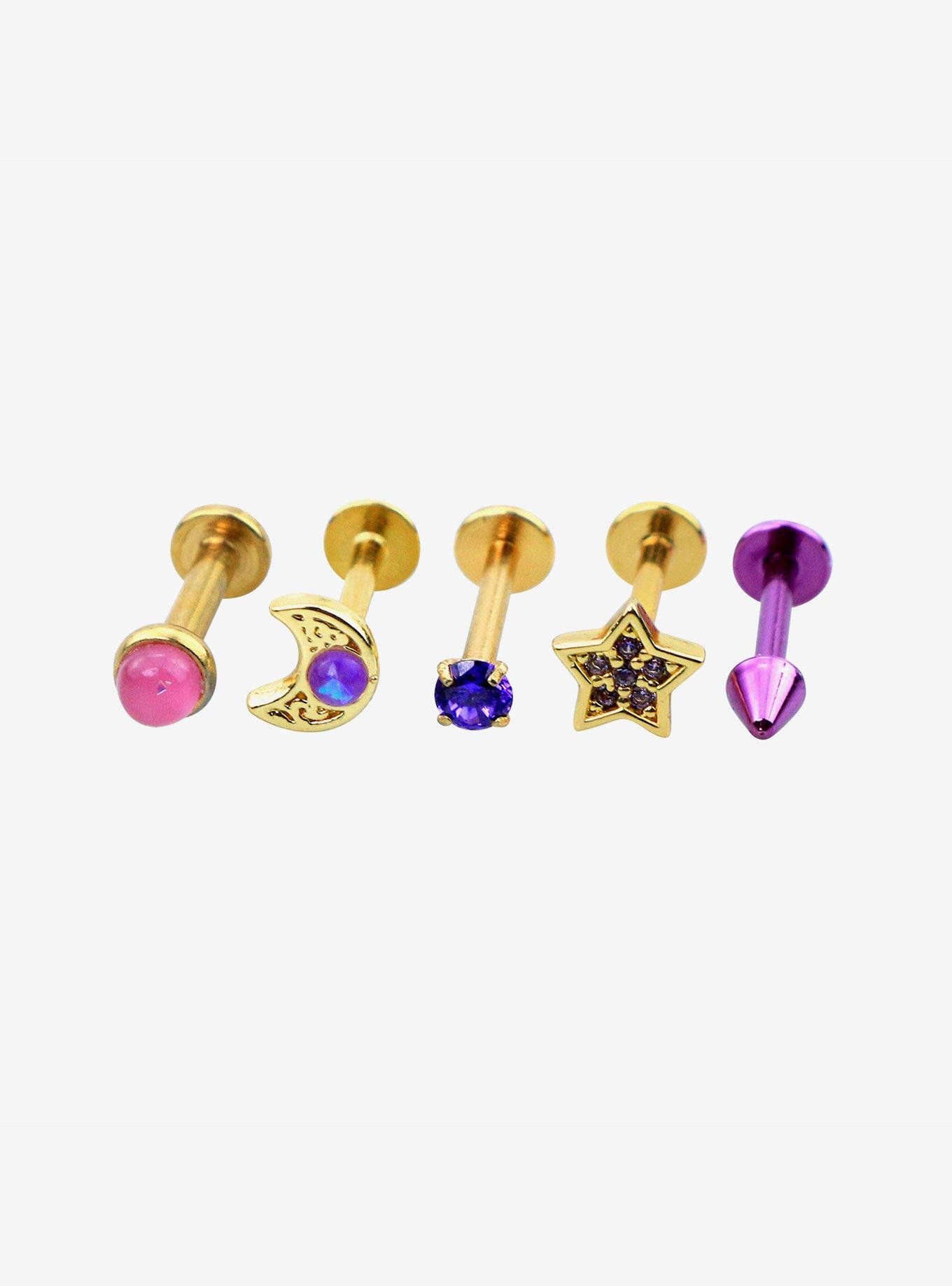 Steel Gold & Multicolor Gems Celestial Labret Stud 5 Pack | Hot Topic