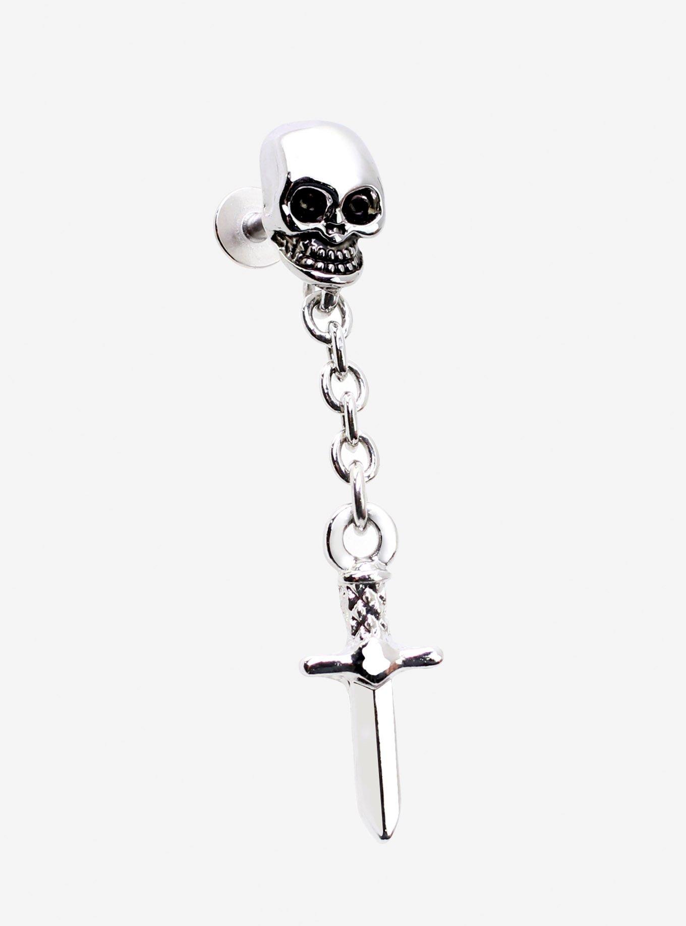 Steel Silver Skull Dagger Dangle Labret Stud | Hot Topic