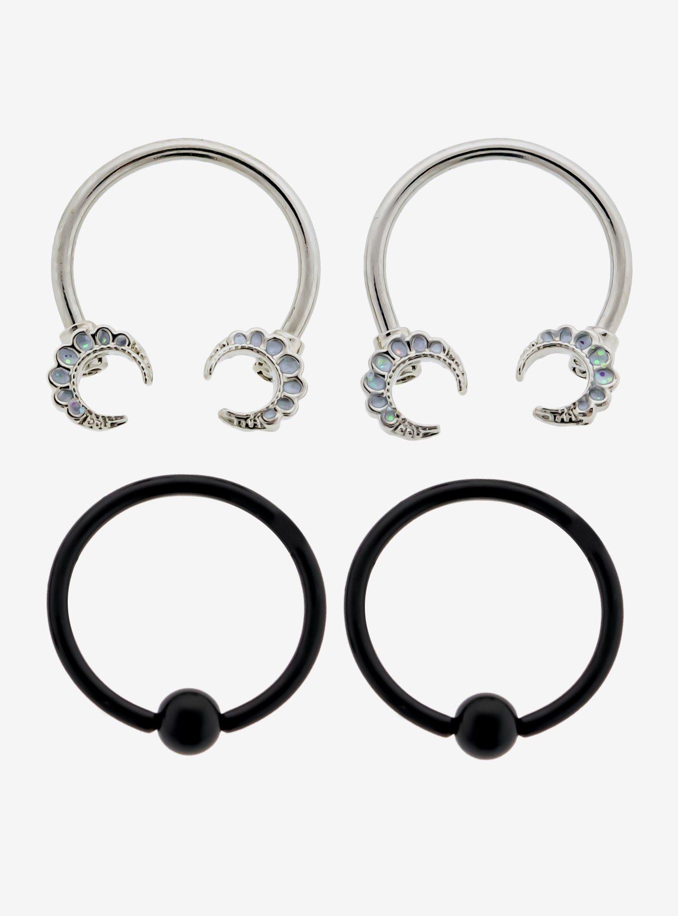 Steel Crescent Moon & Black Circular Barbell & Captive Hoop 4 Pack ...