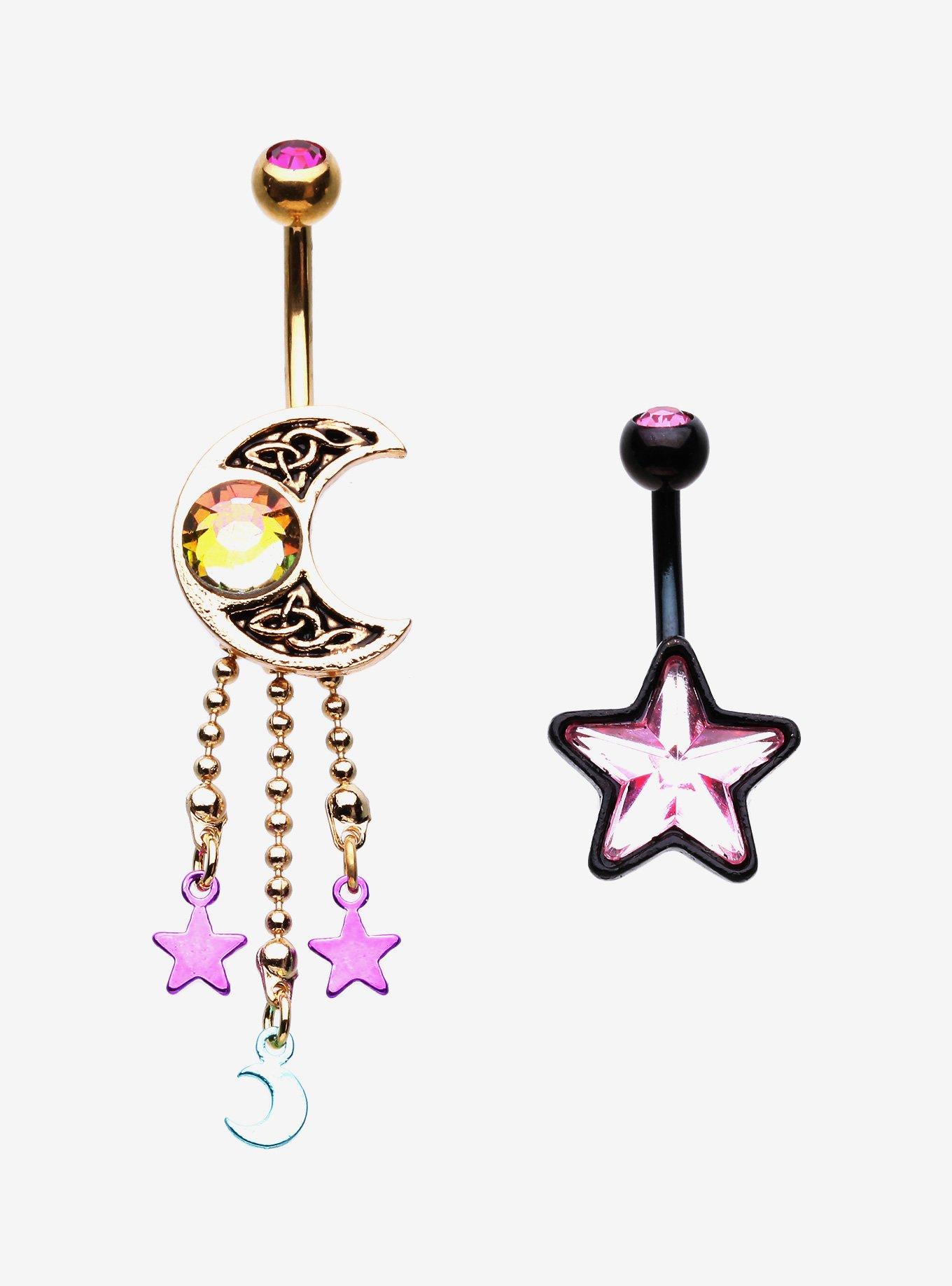 14G Gold Moon And Star Navel Barbell 2 Pack | Hot Topic