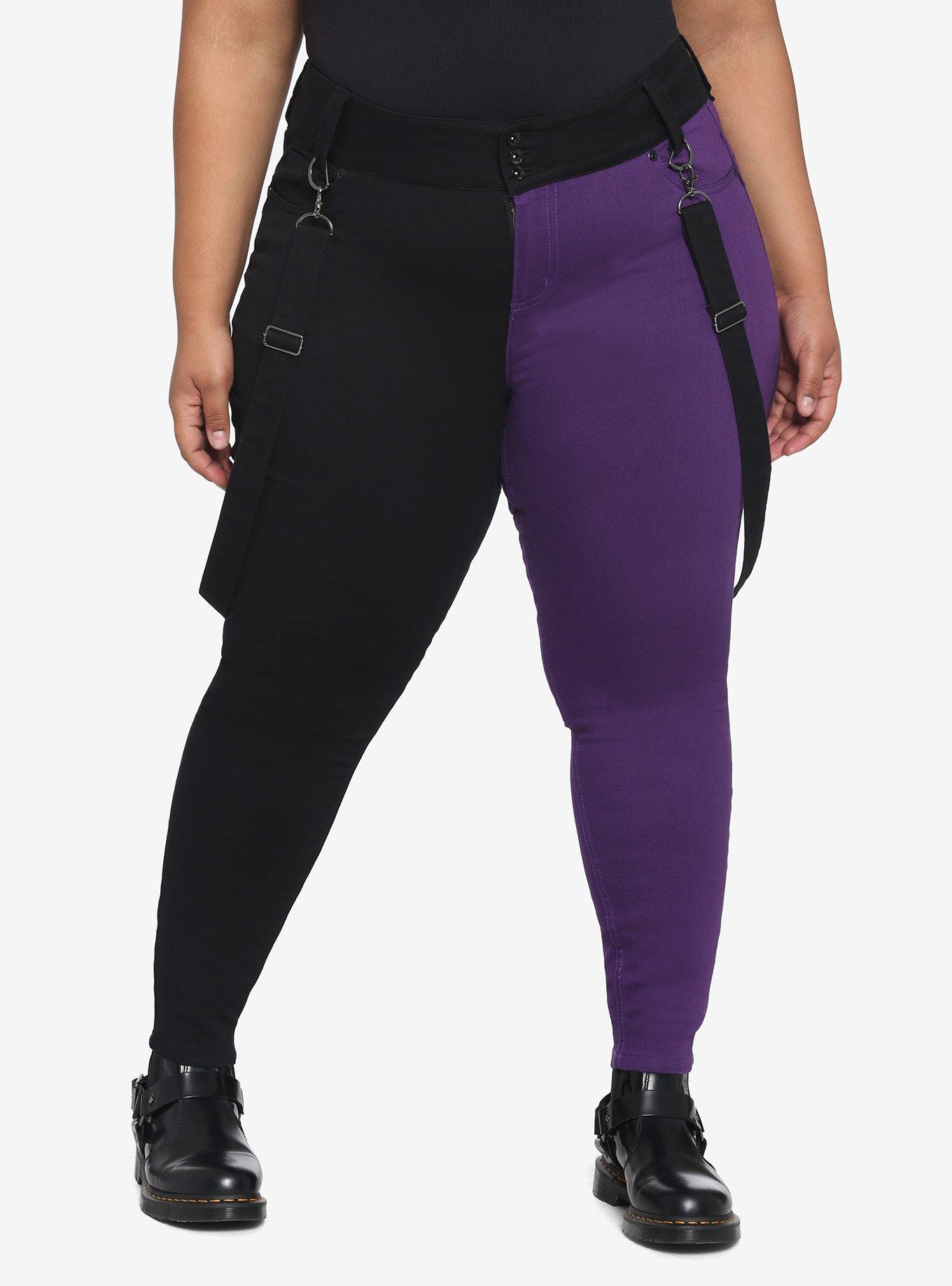 Ht Denim Black And Purple Split Suspender Hi Rise Super Skinny Jeans Plus