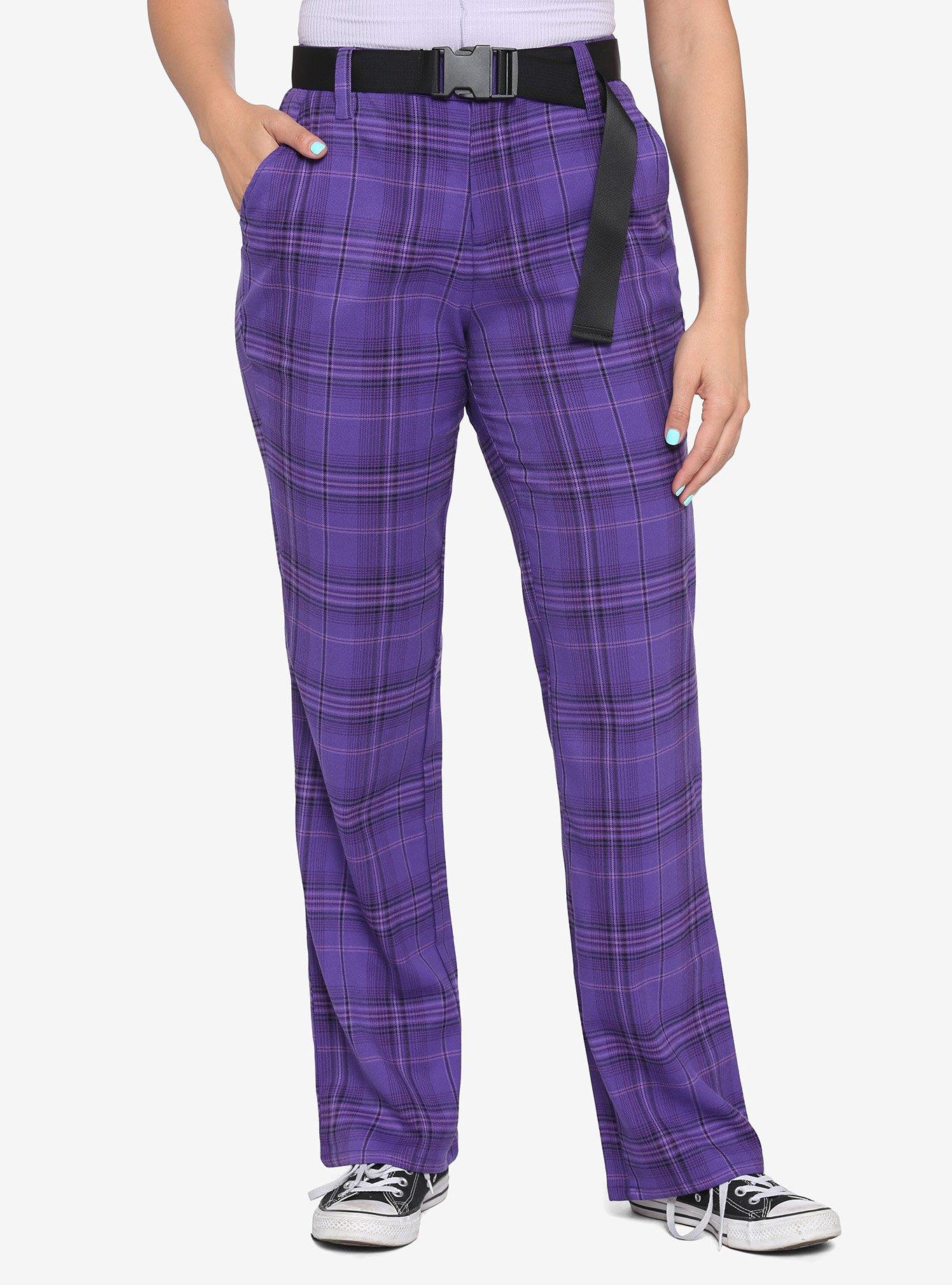 HT Denim Purple Plaid Straight-Leg Pants With Buckle Belt | Hot Topic