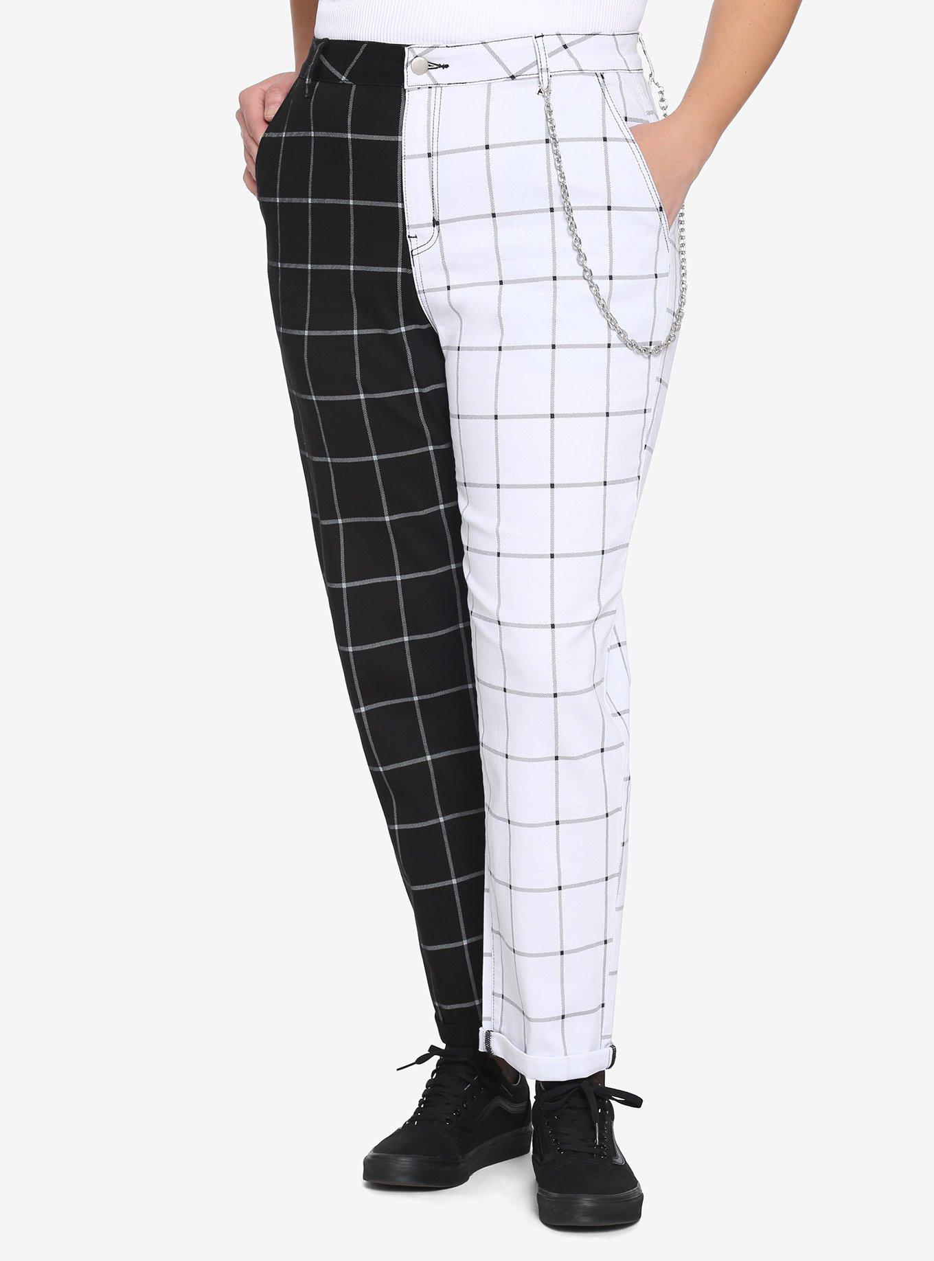 HT Denim Black & White Plaid Split Pants With Detachable Chain Plus ...