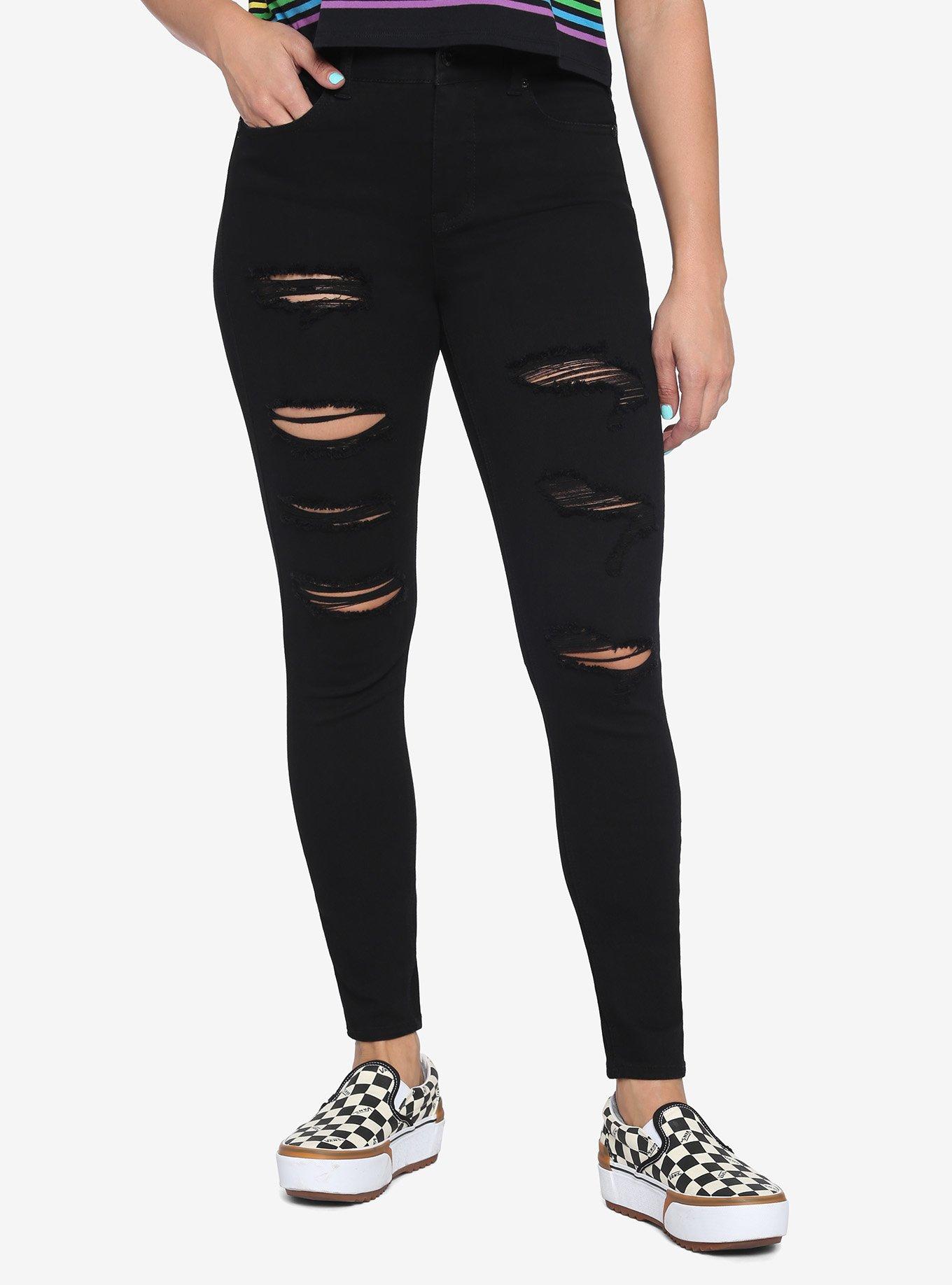 HT Denim Destructed Black Ziggy Curvy Hi-Rise Skinny Jeans | Hot Topic