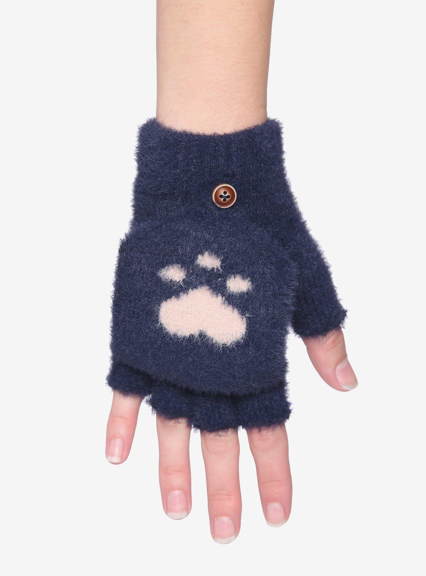 Navy Blue Fuzzy Cat Paw Gloves | Hot Topic