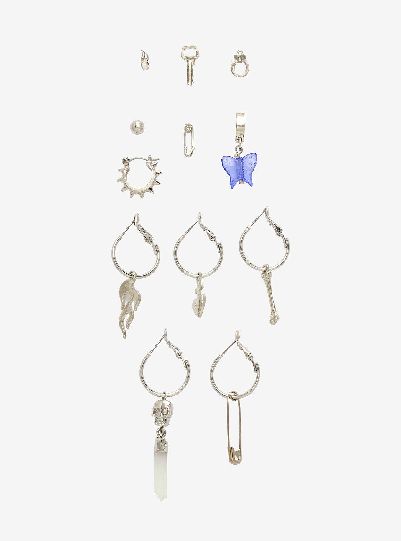 Flame Safety Pin Crystal Mismatch Earring Set | Hot Topic