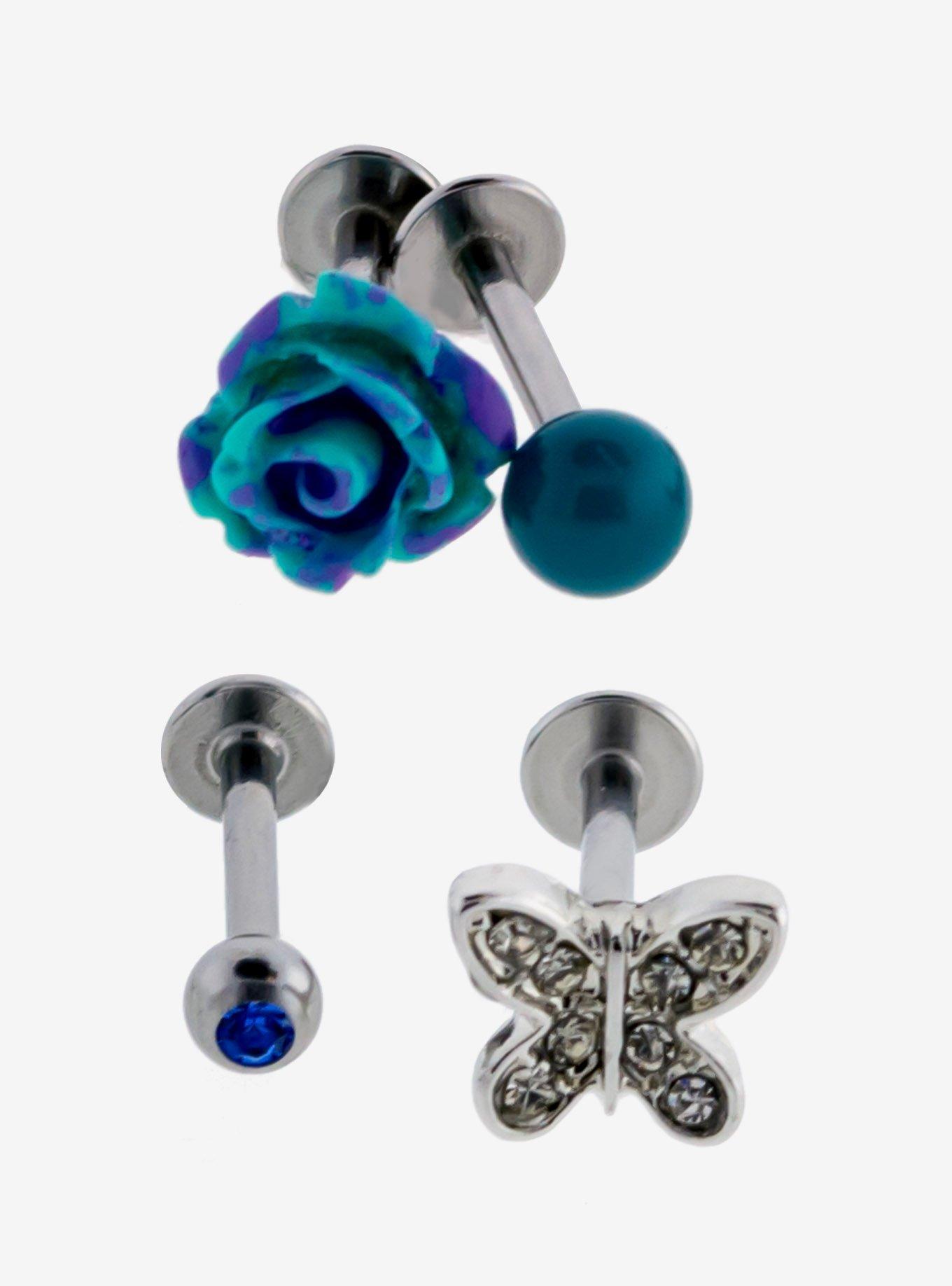 Steel Teal Butterfly & Rose Labret 4 Pack | Hot Topic