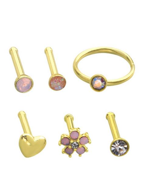 Steel Gold Flower & Heart Nose Hoop & Stud 6 Pack | Hot Topic