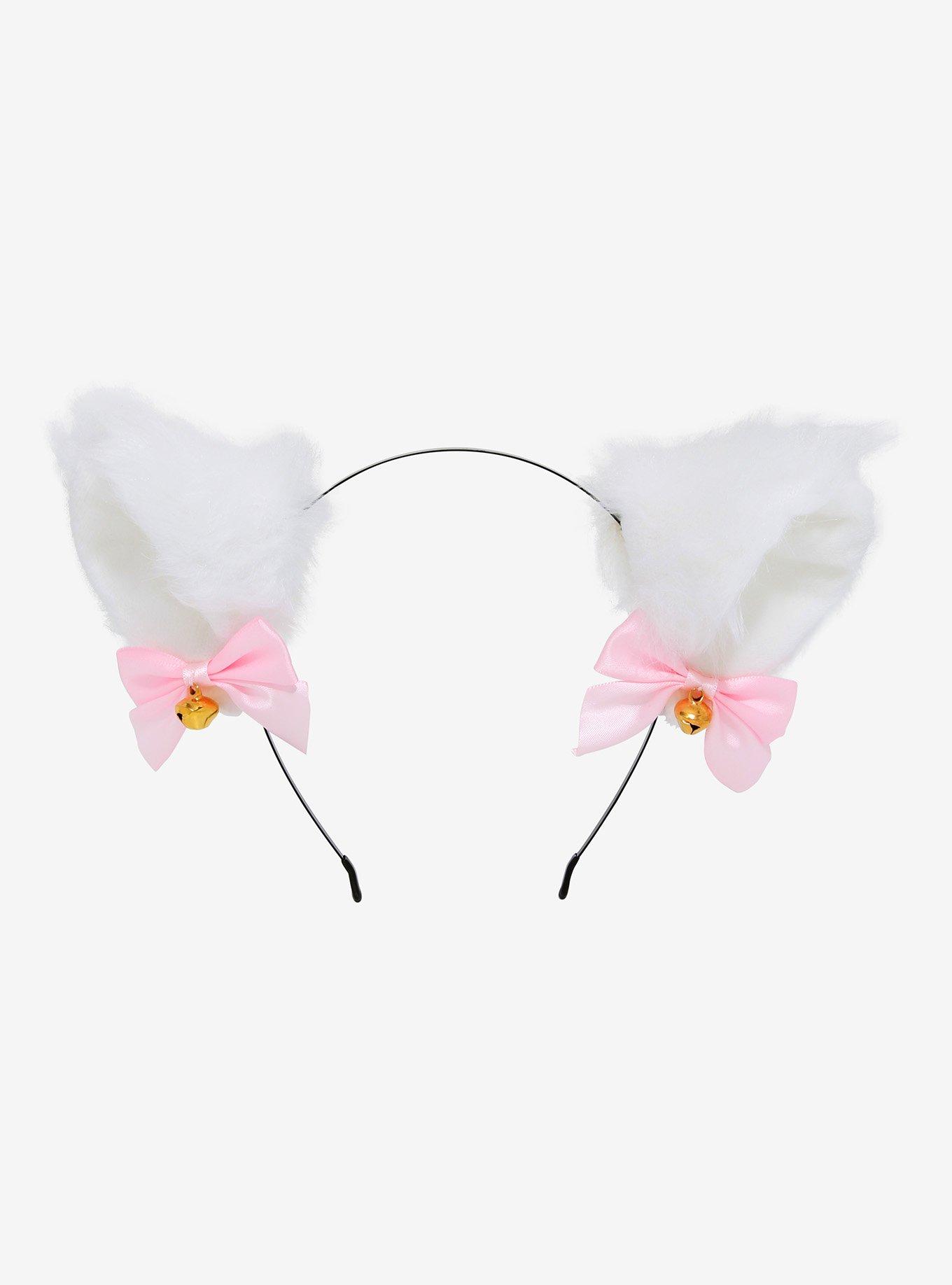 White & Pink Ribbon Bell Fuzzy Cat Ear Headband | Hot Topic