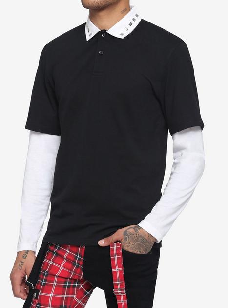 Black & White Studded Collar Twofer Long-Sleeve Shirt | Hot Topic