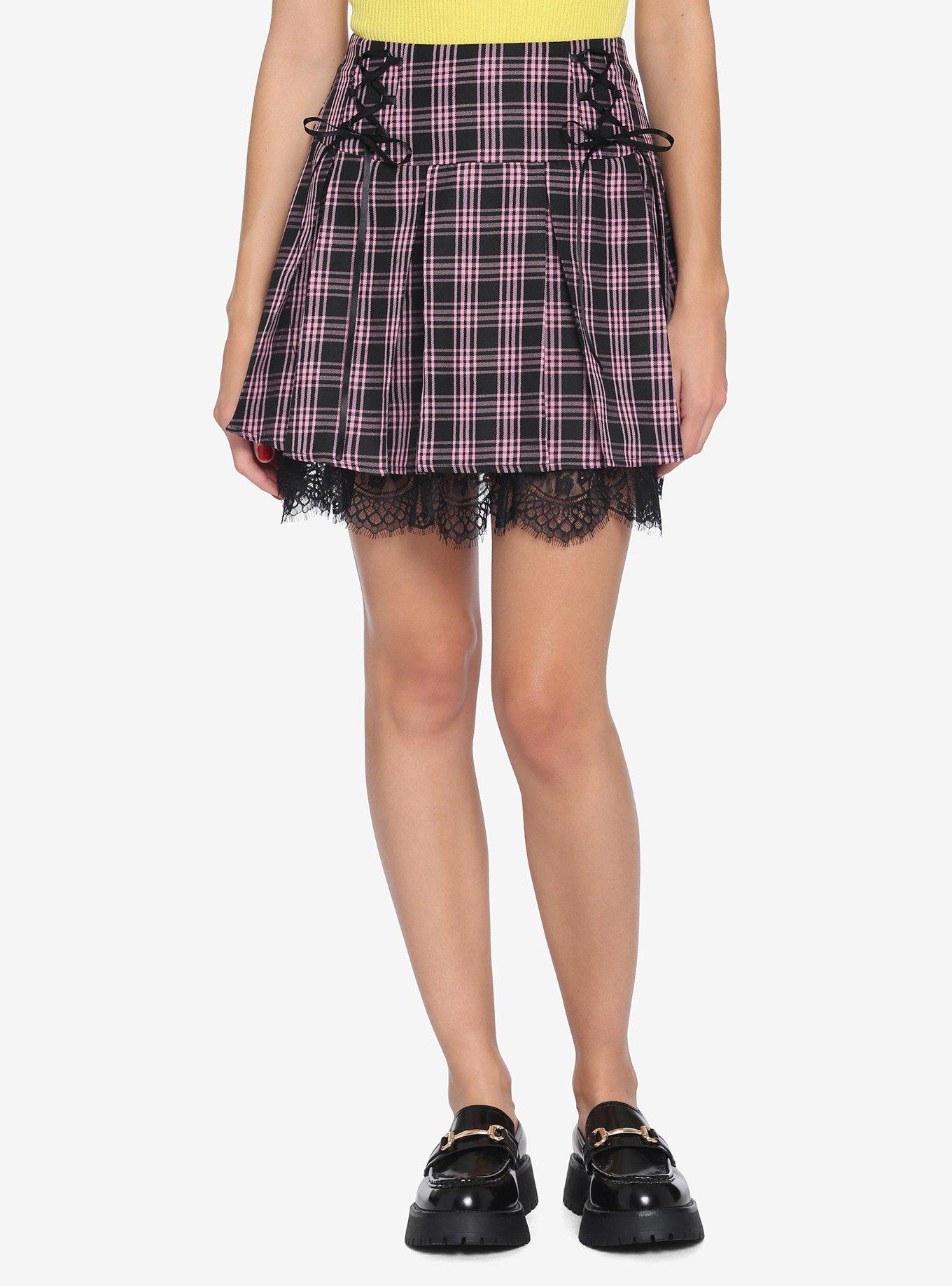 Pink And Black Plaid Lace Trim Pleated Skirt Hot Topic