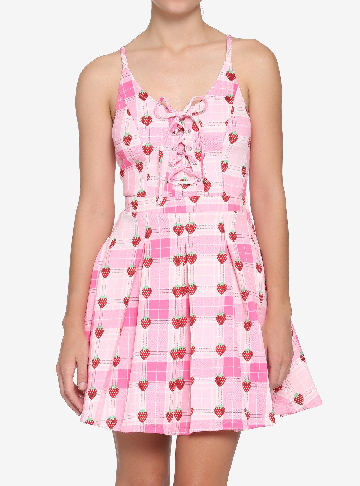 Strawberry Plaid Lace-Up Dress | Hot Topic