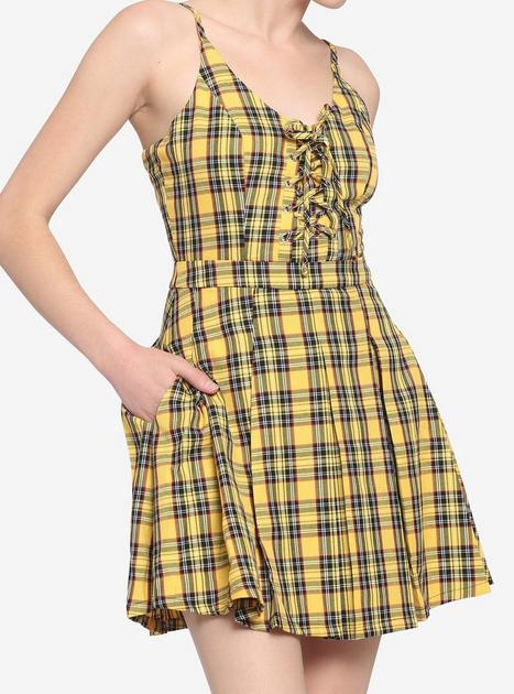 Yellow Plaid Lace-Up Pleated Dress | Hot Topic