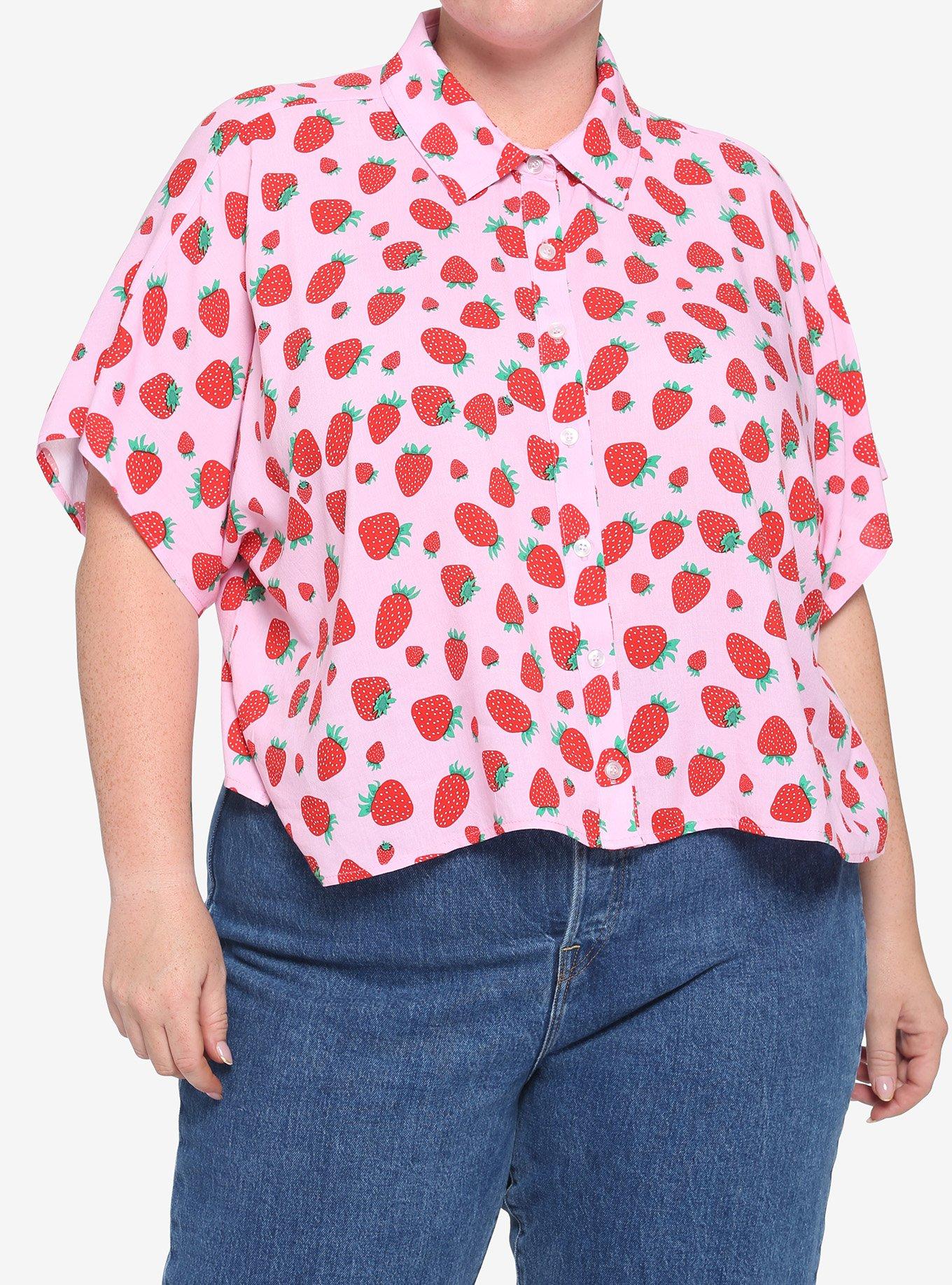 Pink Strawberry Boxy Fit Girls Woven Button Up Plus Size Hot Topic