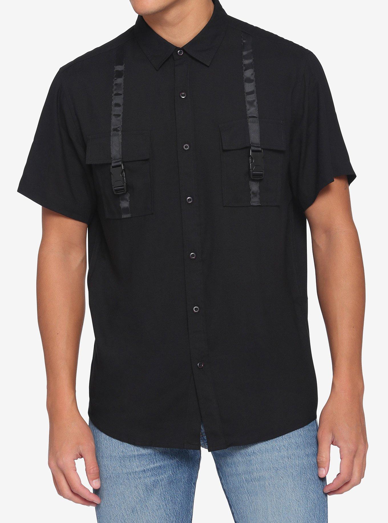 Buckle Strap Black Woven Button-Up | Hot Topic