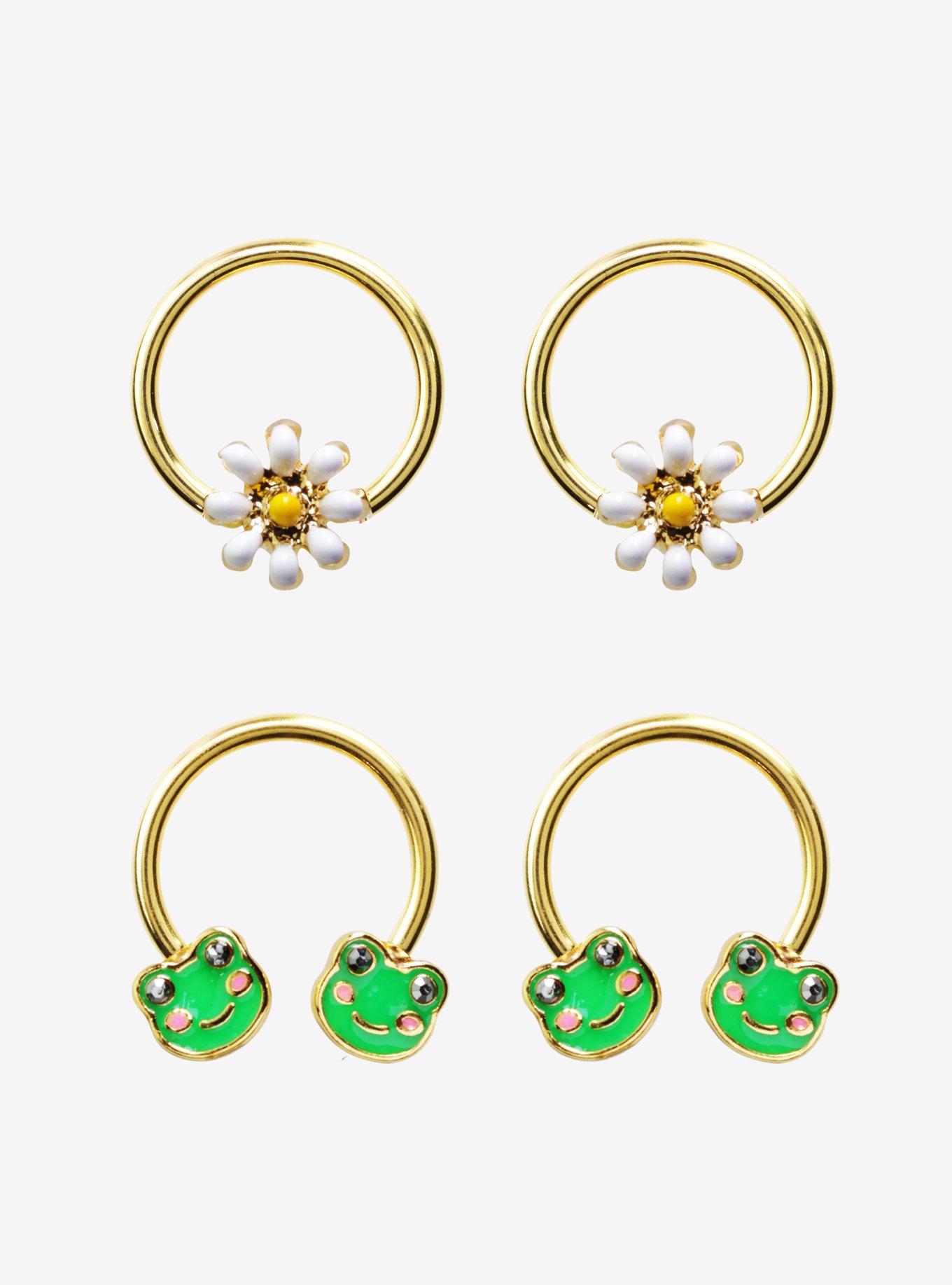 Steel Daisy & Frog Circular Barbell & Captive Hoop 4 Pack | Hot Topic