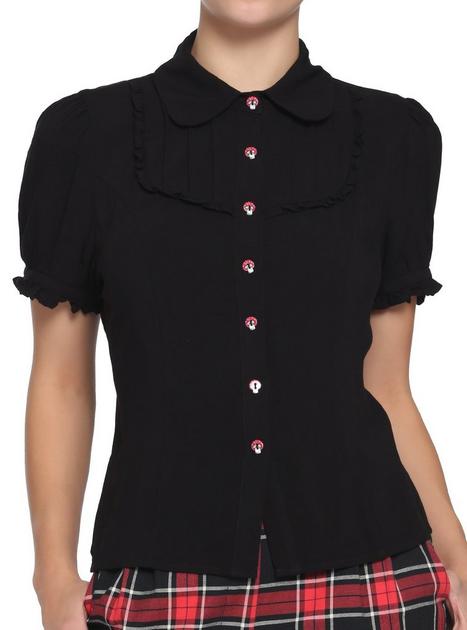 Black Bibbed Mushroom Buttons Girls Woven Button-Up | Hot Topic