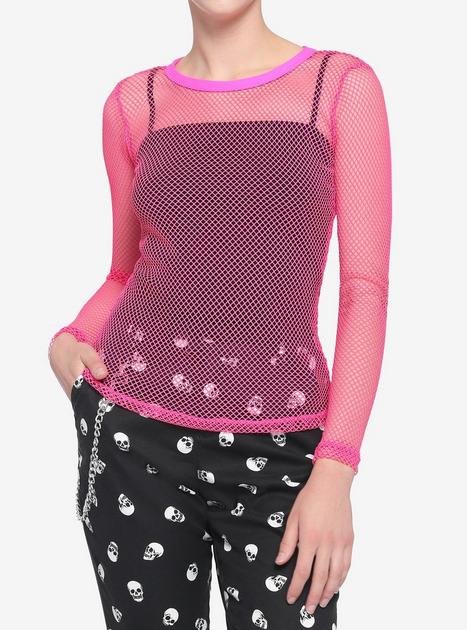 Neon Pink Stretchy Fishnet Girls Long-Sleeve Top | Hot Topic