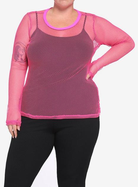 Neon Pink Stretchy Fishnet Girls Long-Sleeve Top Plus Size | Hot Topic