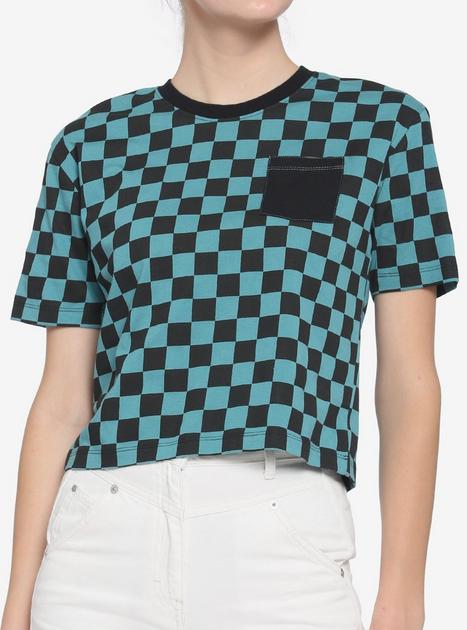 Teal & Black Checkered Boxy Girls Crop T-Shirt | Hot Topic