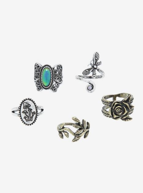 Dragonfly Butterfly & Floral Mixed Metal Ring Set | Hot Topic