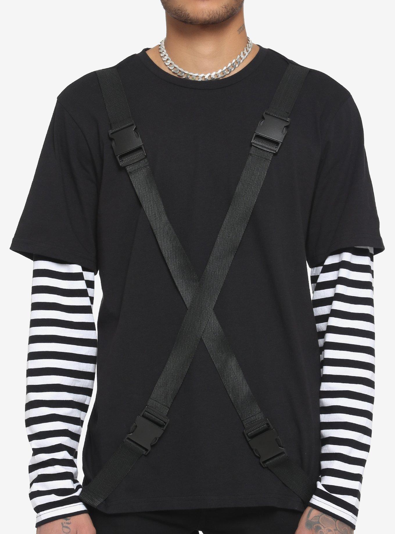 Black And White Stripe Sleeve With Straps Twofer Long Sleeve T Shirt