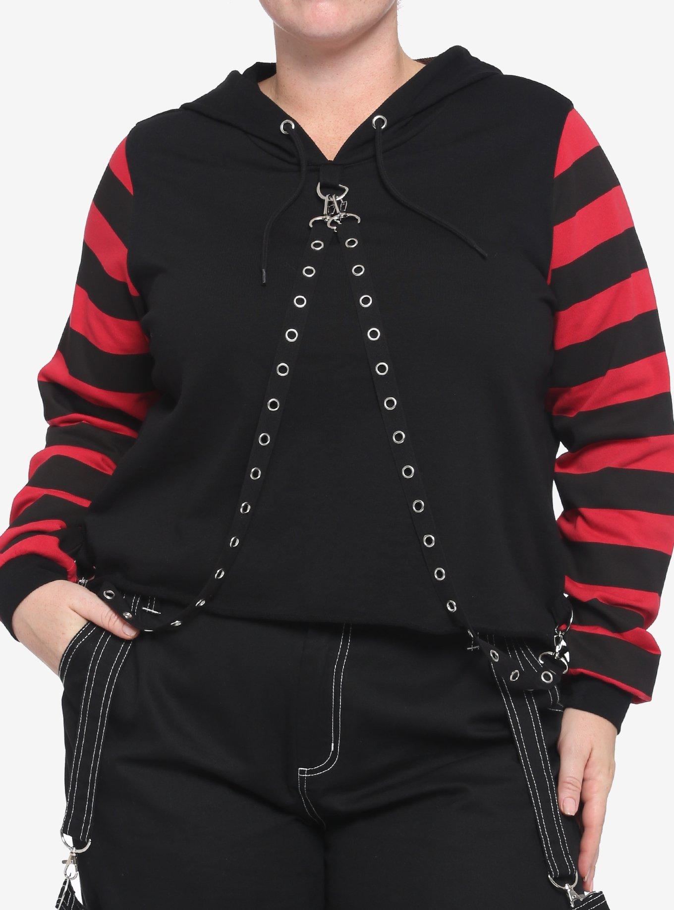 Red & Black Stripe Harness Girls Crop Hoodie Plus Size | Hot Topic