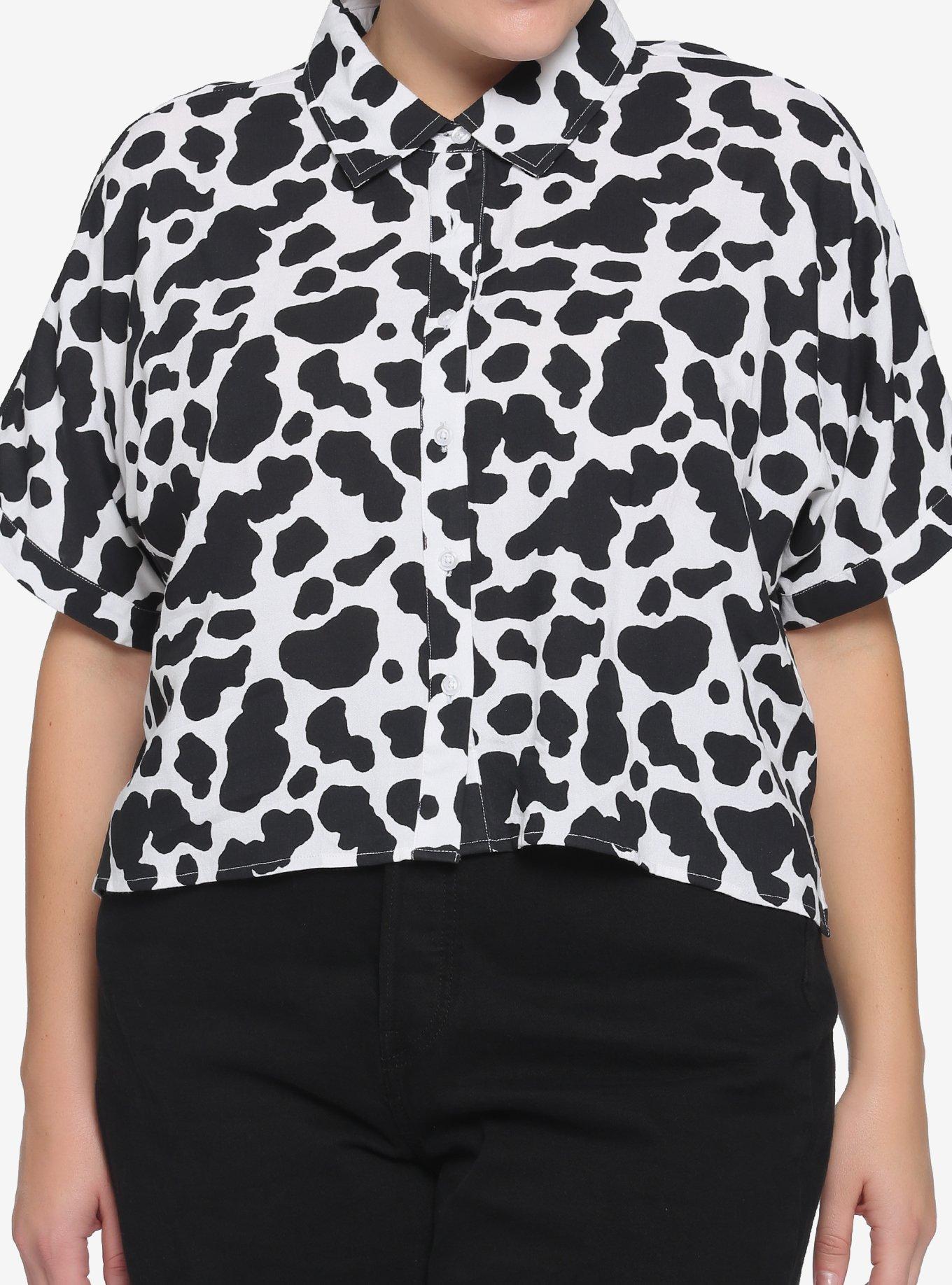 Cow Print Boxy Girls Crop Woven Button-Up Plus Size | Hot Topic