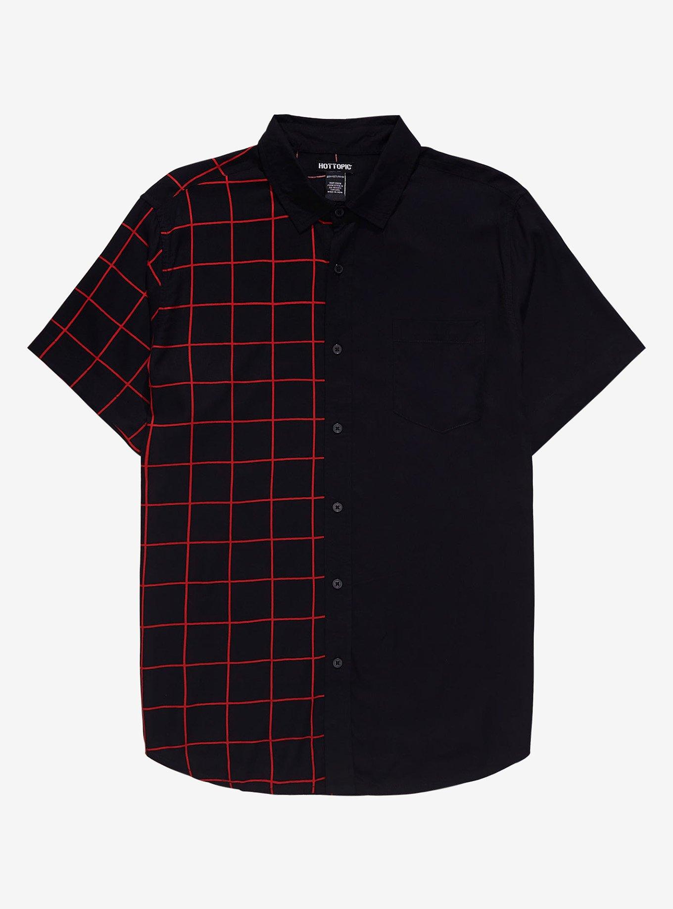Red And Black Grid Split Woven Button Up Hot Topic
