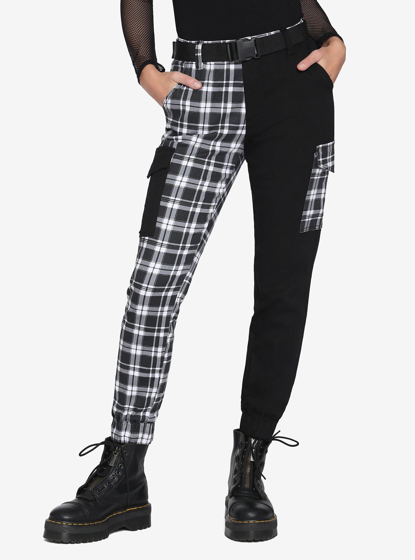 Black and Grey Plaid Split Cargo Jogger Pants | Hot Topic