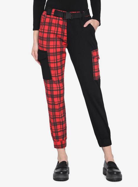 Black & Red Plaid Split Cargo Jogger Pants | Hot Topic