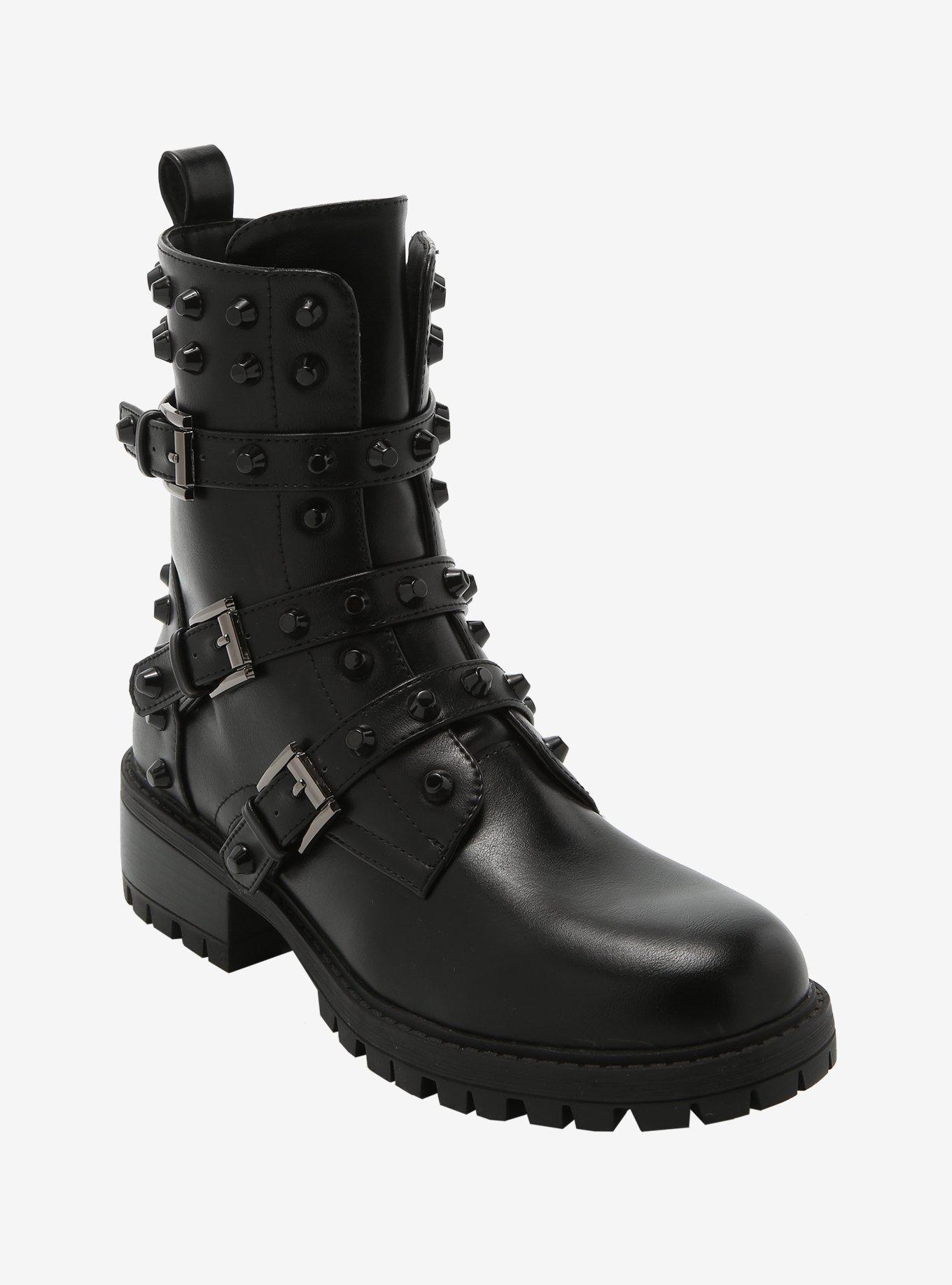 Black Stud Multi Strap Combat Boots | Hot Topic