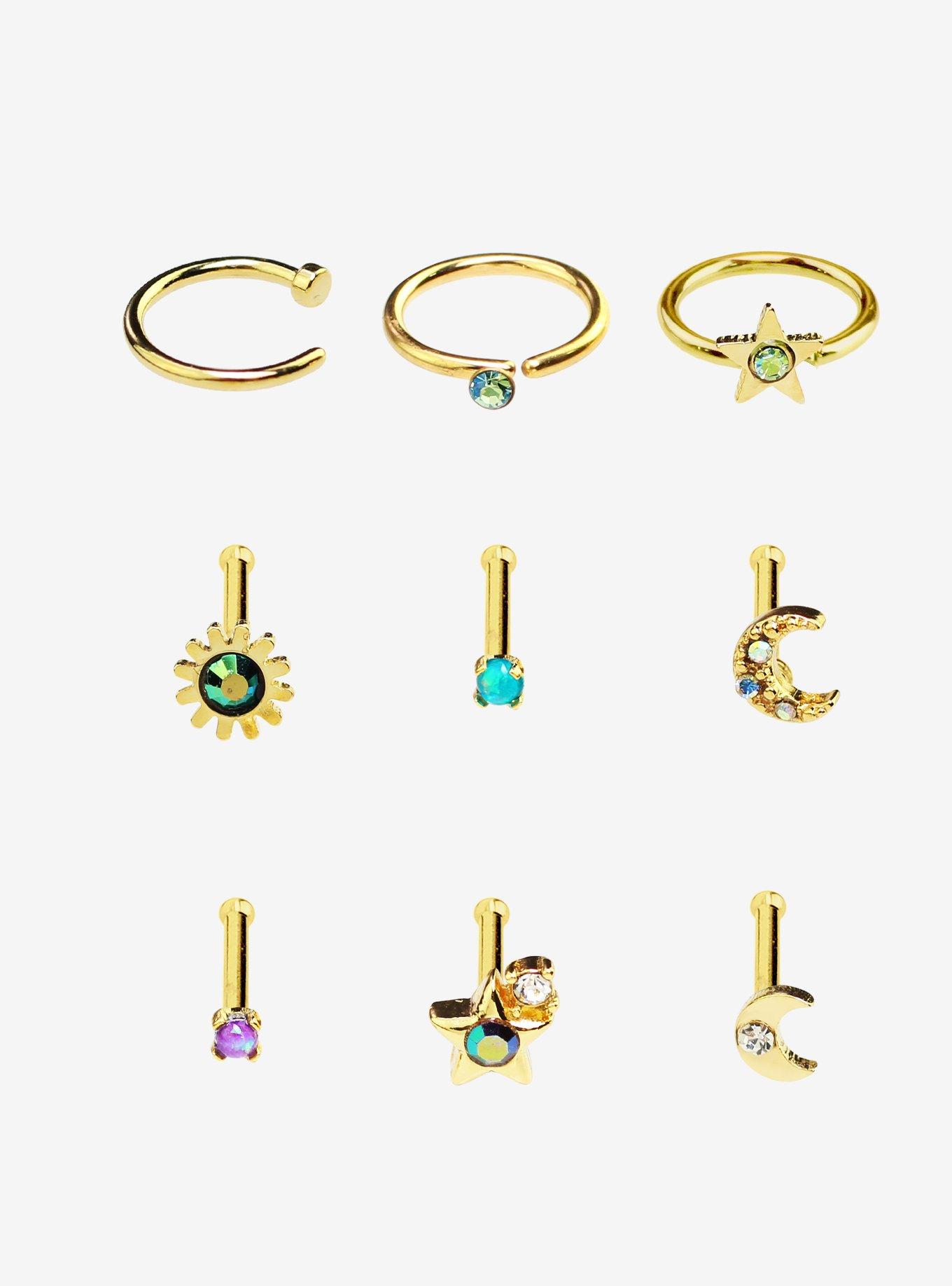 Steel Gold & Jewel Tone Celestial Labret Stud & Hoop 9 Pack | Hot Topic