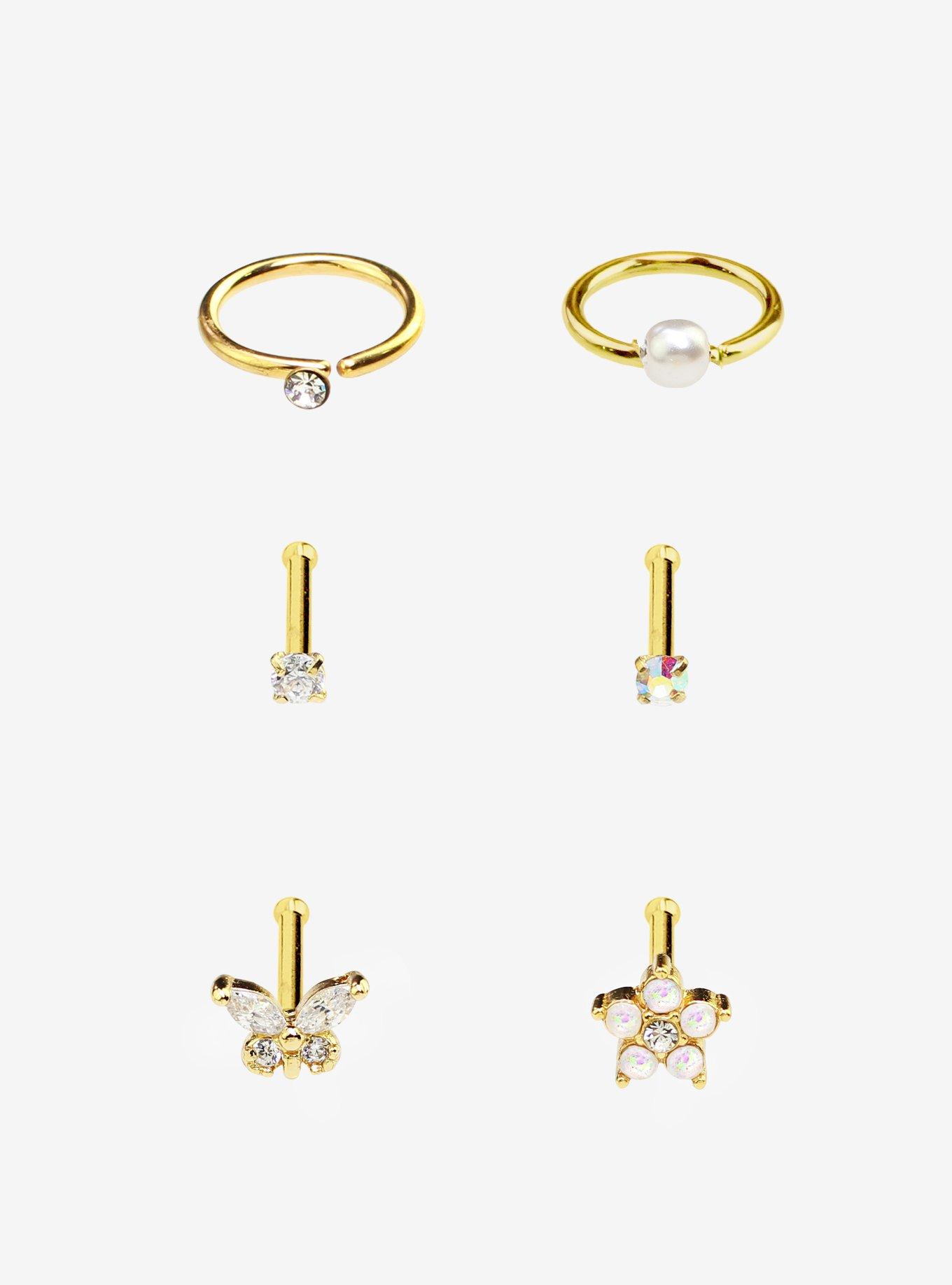 Steel Gold Butterfly Floral Sparkle Labret Stud & Hoop 6 Pack | Hot Topic