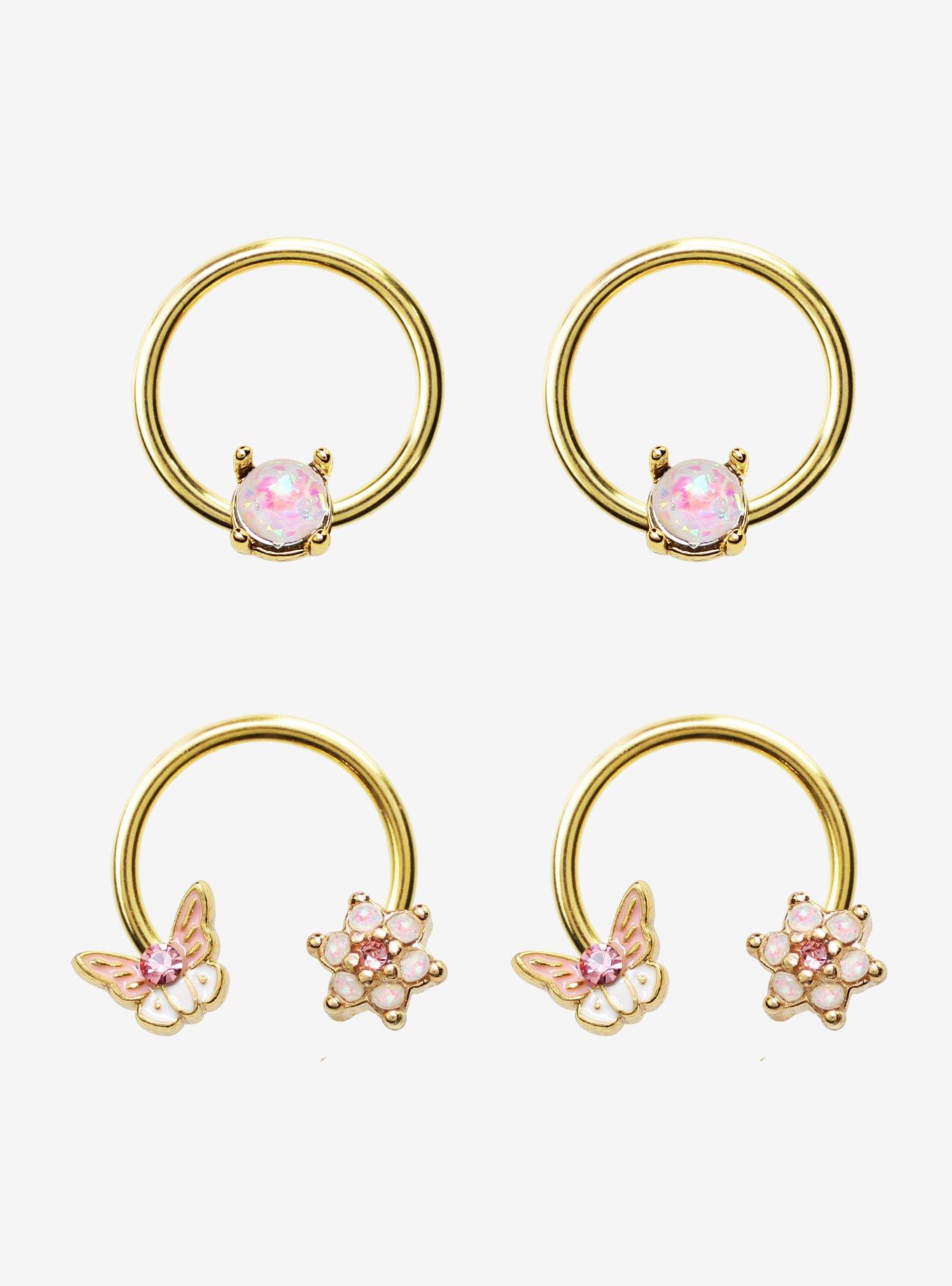 Steel Gold Butterfly Flower Circular Barbell & Captive Hoop 4 Pack ...