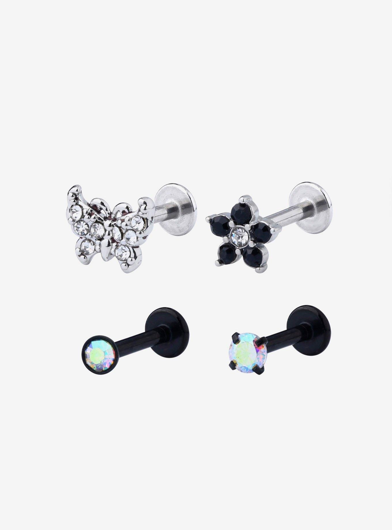 Steel Black CZ Butterfly Labret Stud 4 Pack | Hot Topic