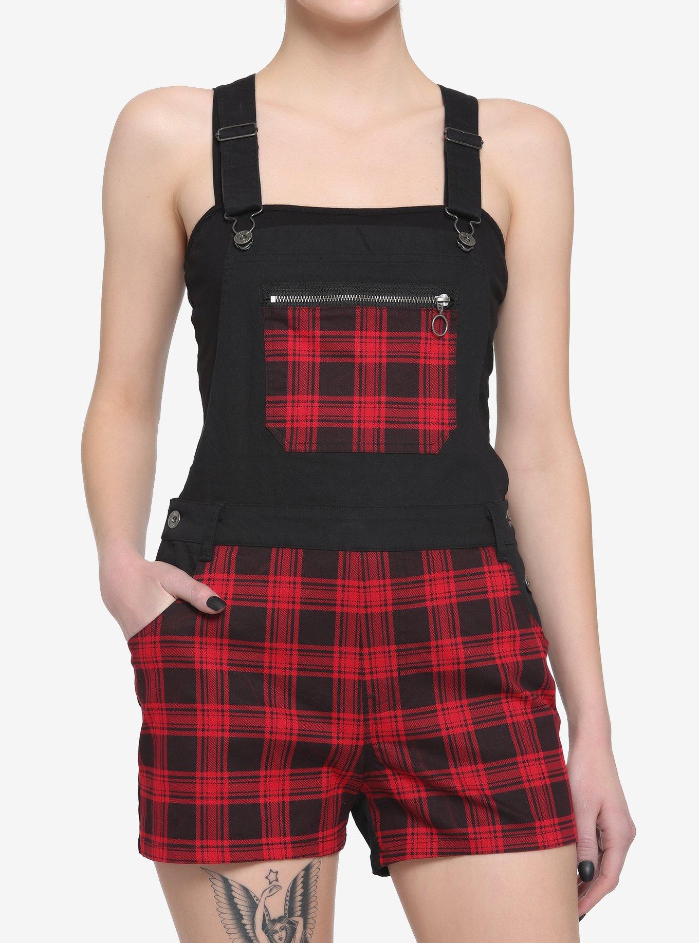 Black & Red Plaid Inset Shortalls | Hot Topic