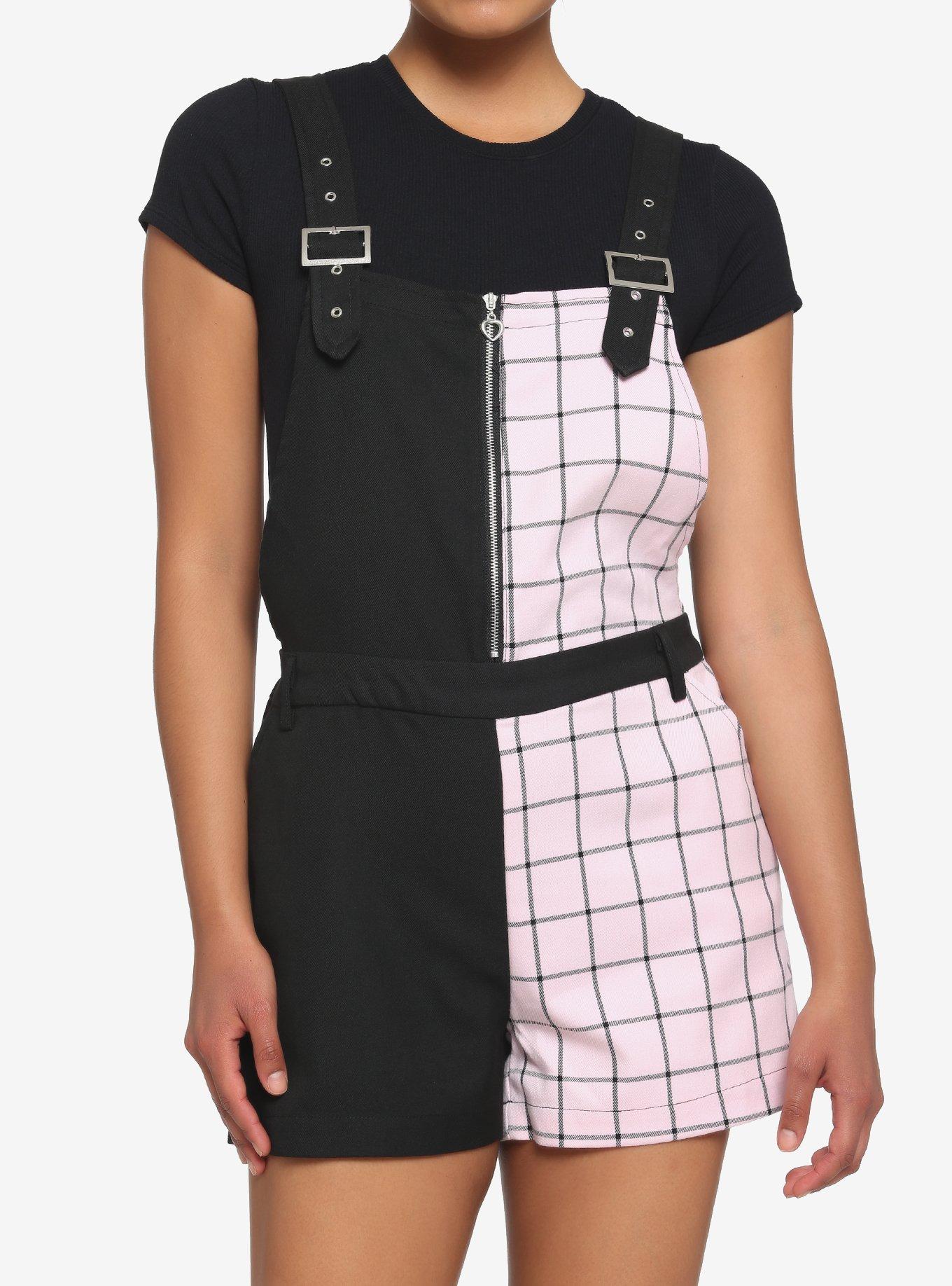 Black & Pink Grid Split Shortalls | Hot Topic