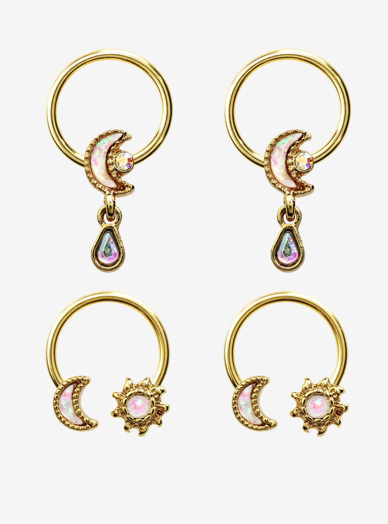 Steel Gold Sun & Moon Circular Barbell & Captive Hoop 4 Pack | Hot Topic