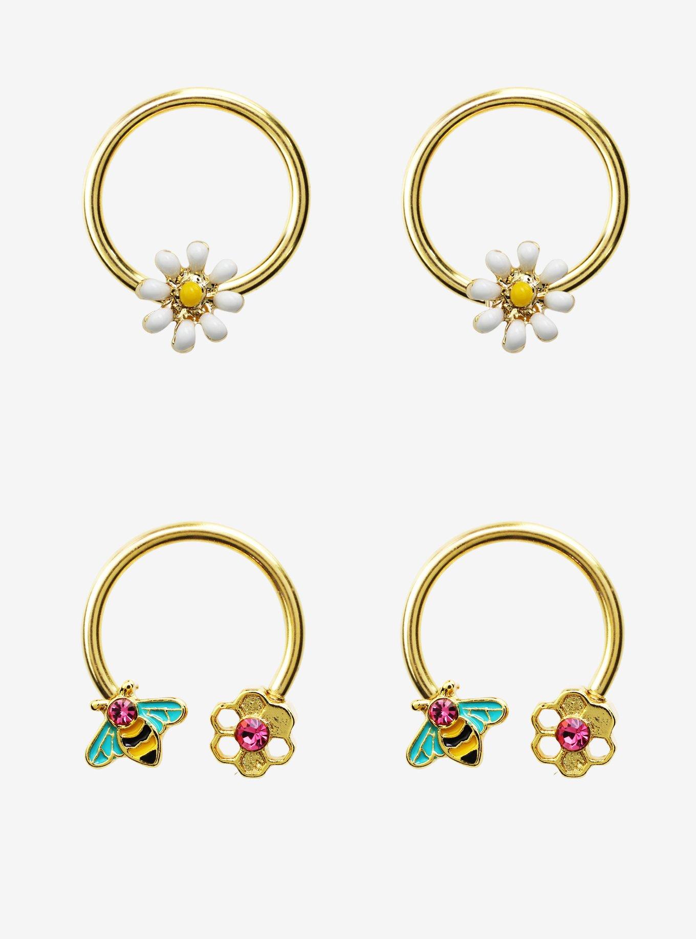 Steel Gold Flower & Bee Circular Barbell & Captive Hoop 4 Pack | Hot Topic