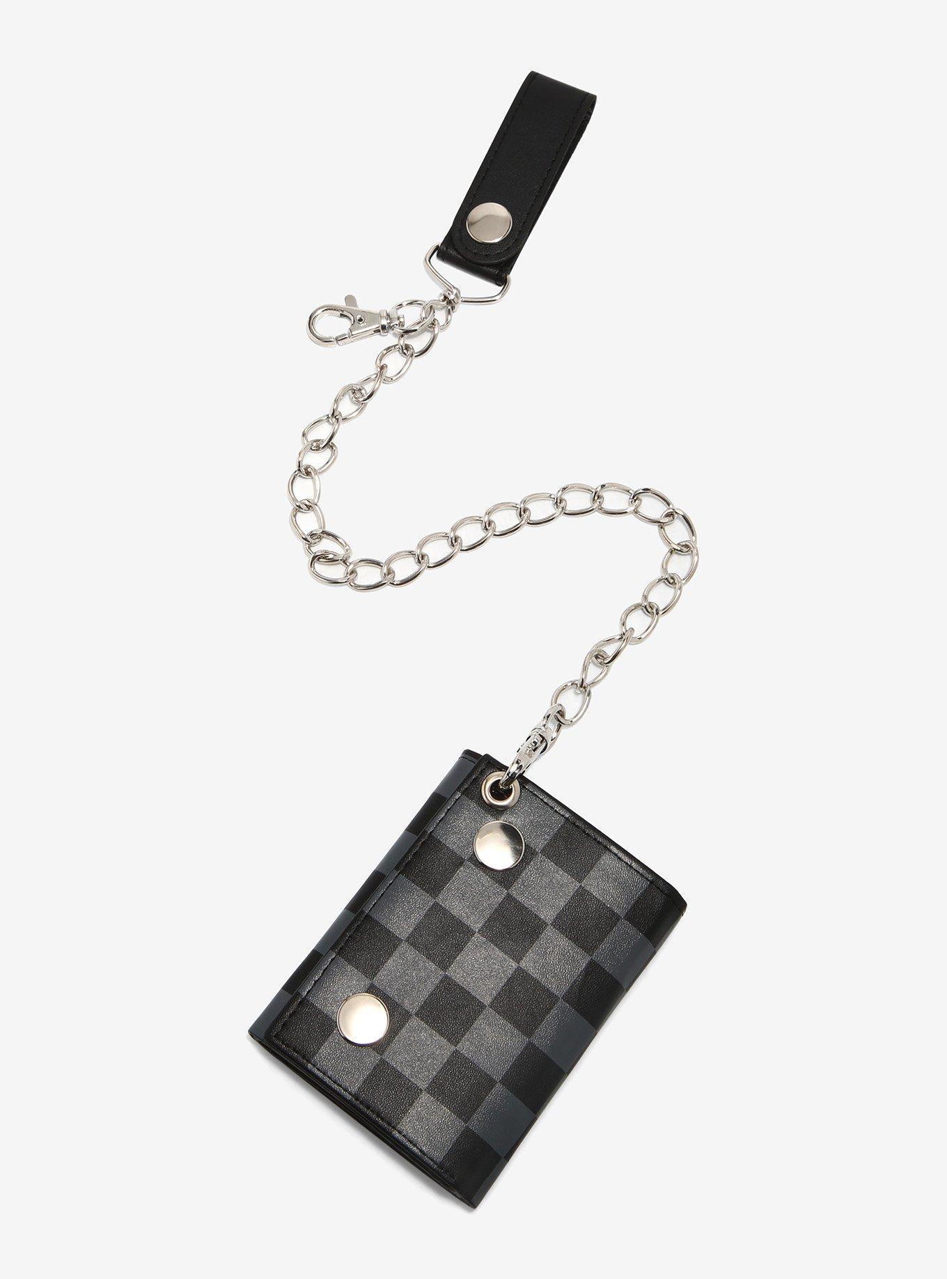 Black & Grey Checkered Trifold Chain Wallet | Hot Topic