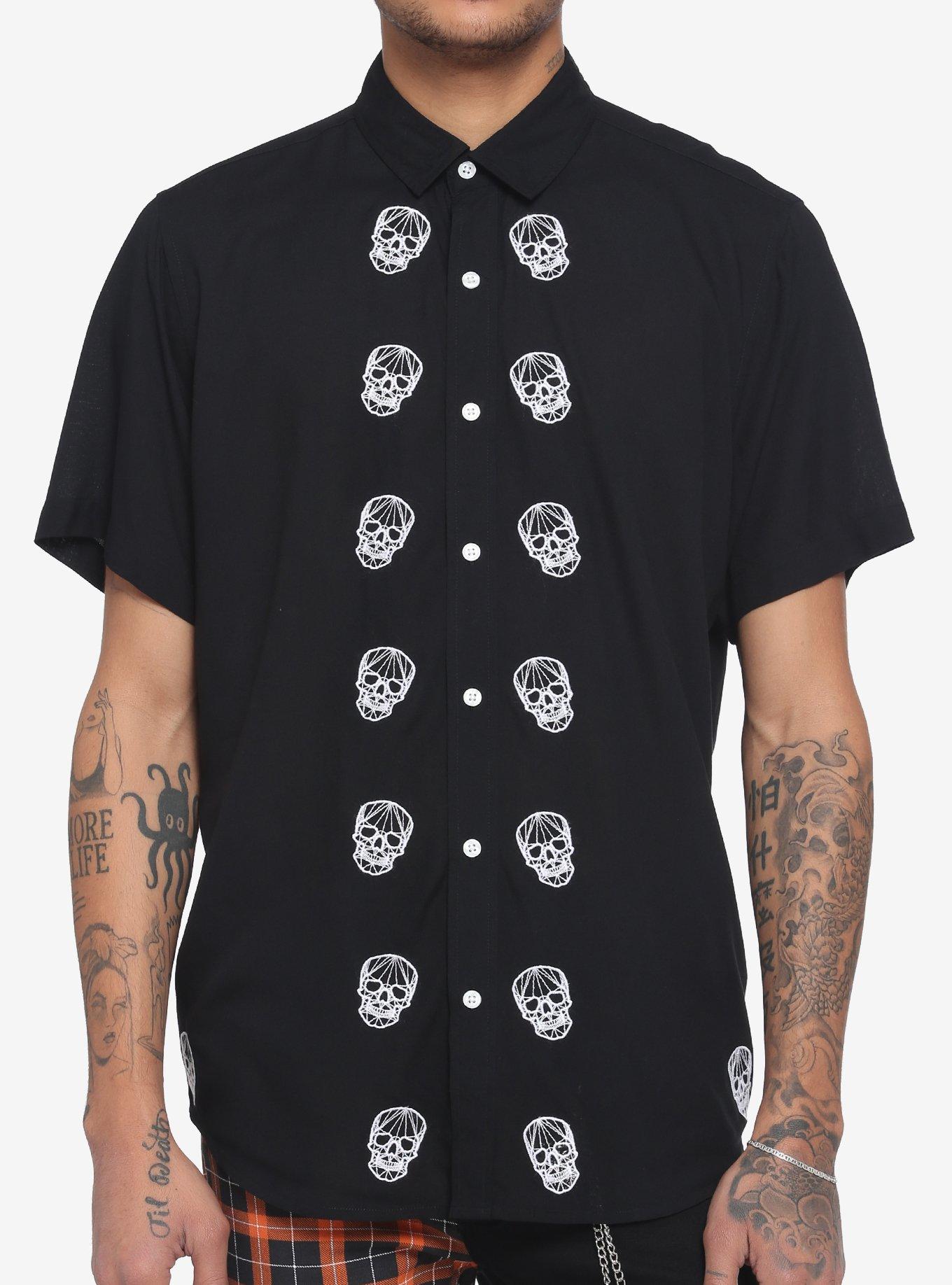 Black Embroidered Skull Woven Button-Up | Hot Topic