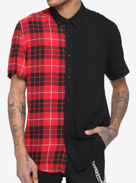Black & Red Plaid Split Woven Button-Up | Hot Topic