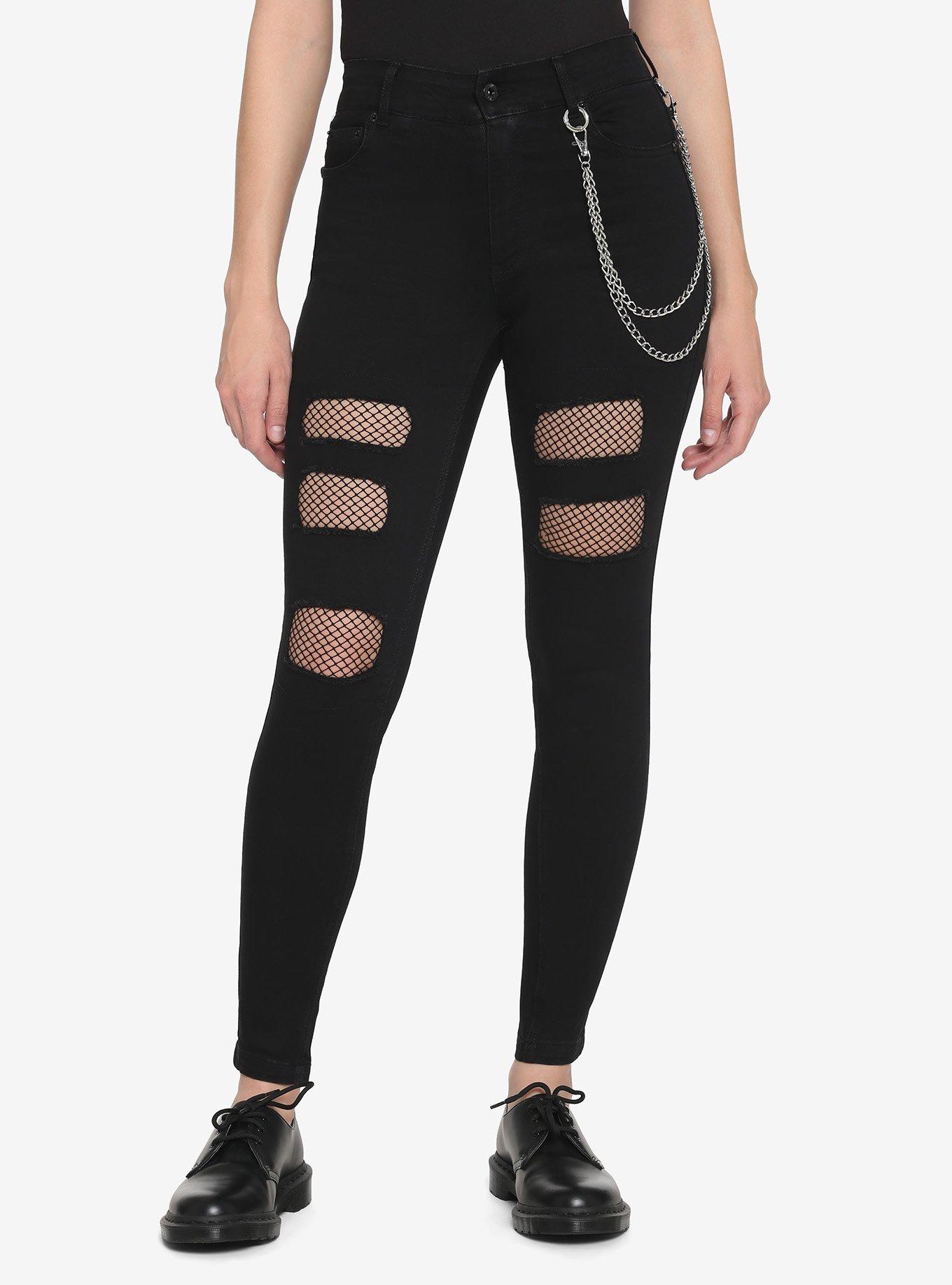 Black Fishnet Destructed Chain Skinny Jeans | Hot Topic