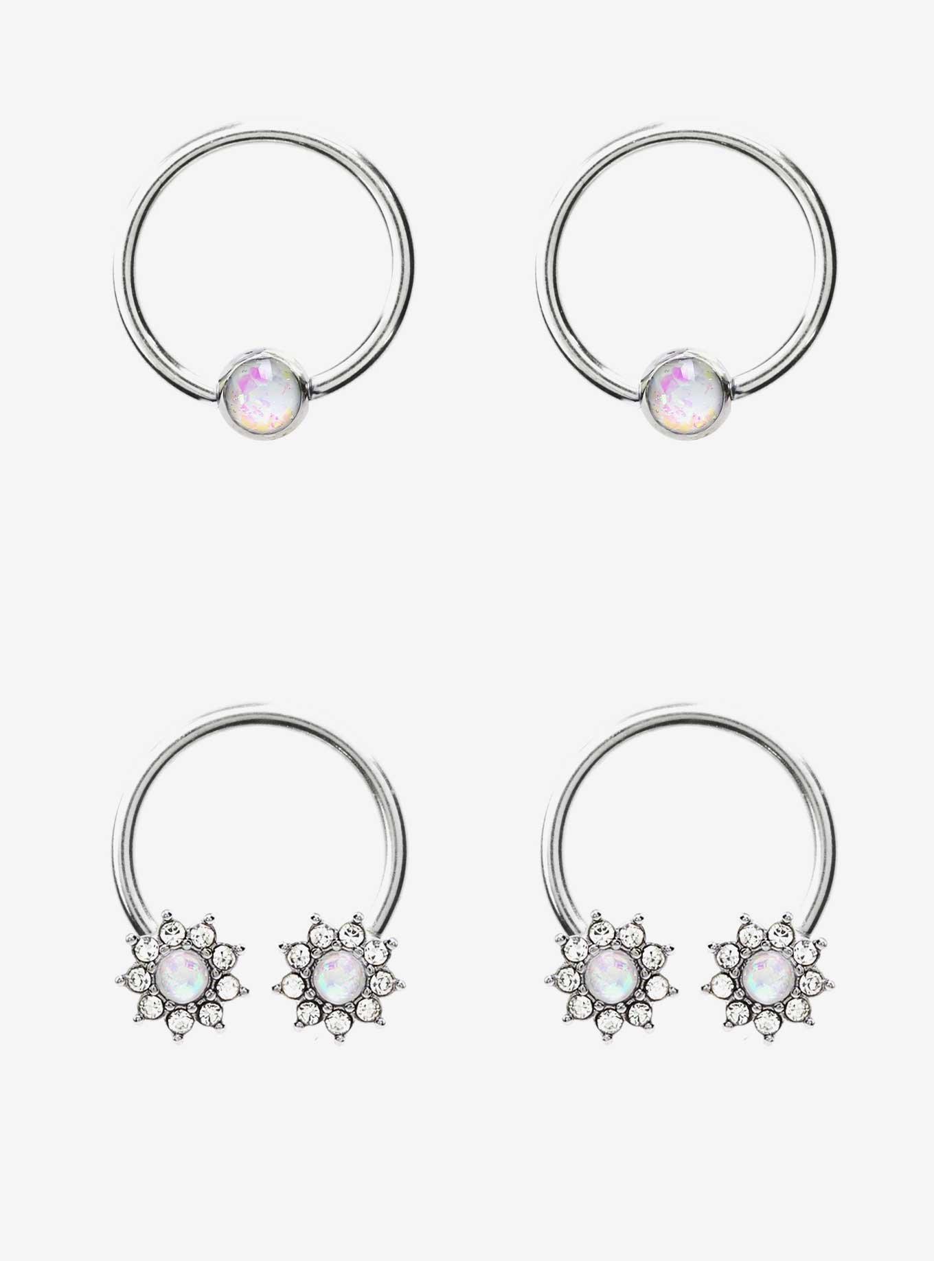 Steel Silver Opalescent Captive Hoop & Circular Barbell 4 Pack | Hot Topic