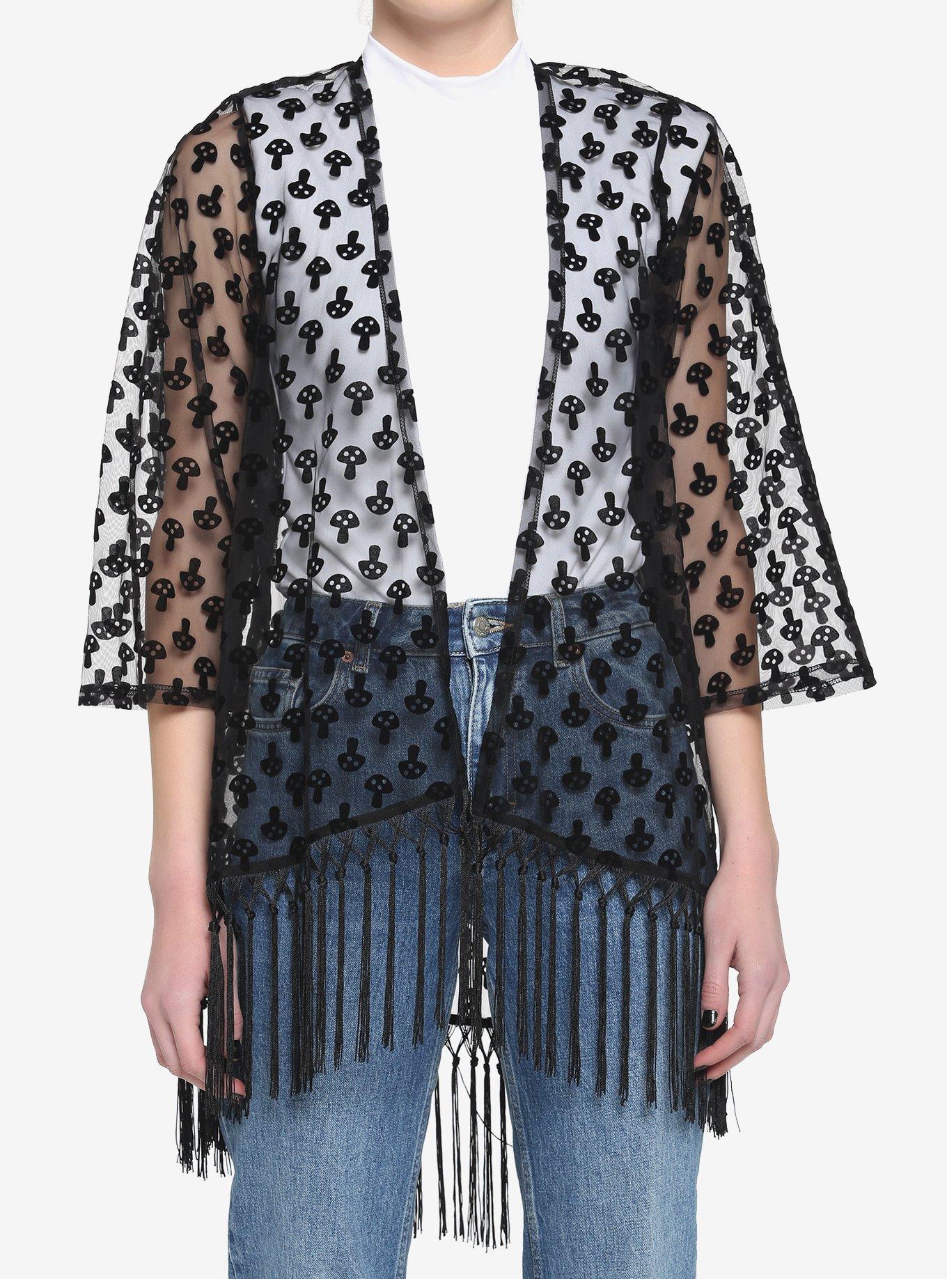 Black Flocked Mushroom Fringe Duster | Hot Topic