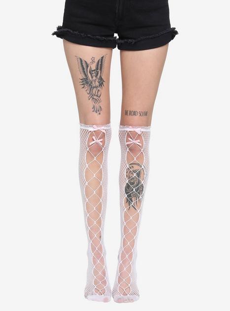 Pink Bow White Fishnet Knee-High Socks | Hot Topic