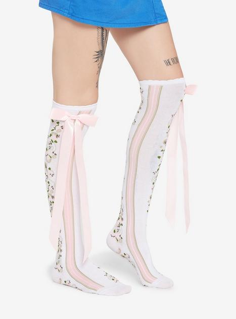 Pink Floral With Bow Over-The-Knee Socks | Hot Topic