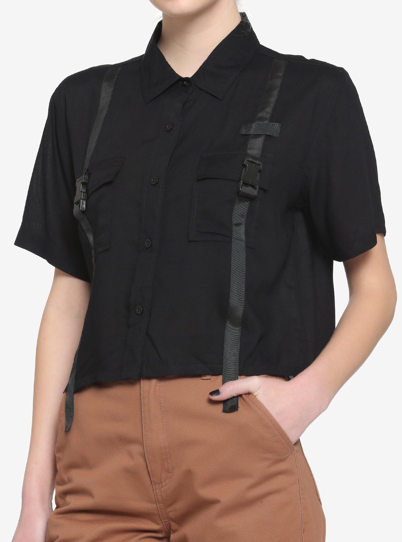Black Cargo Buckle Boxy Girls Crop Woven Button-Up | Hot Topic