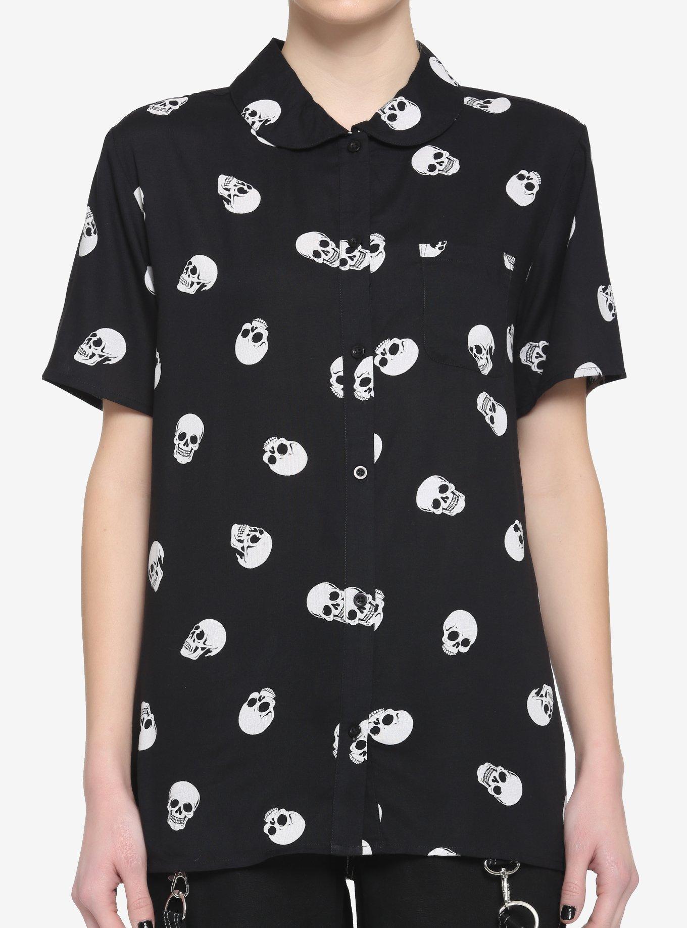 Black Skulls Girls Resort Woven Button-Up | Hot Topic